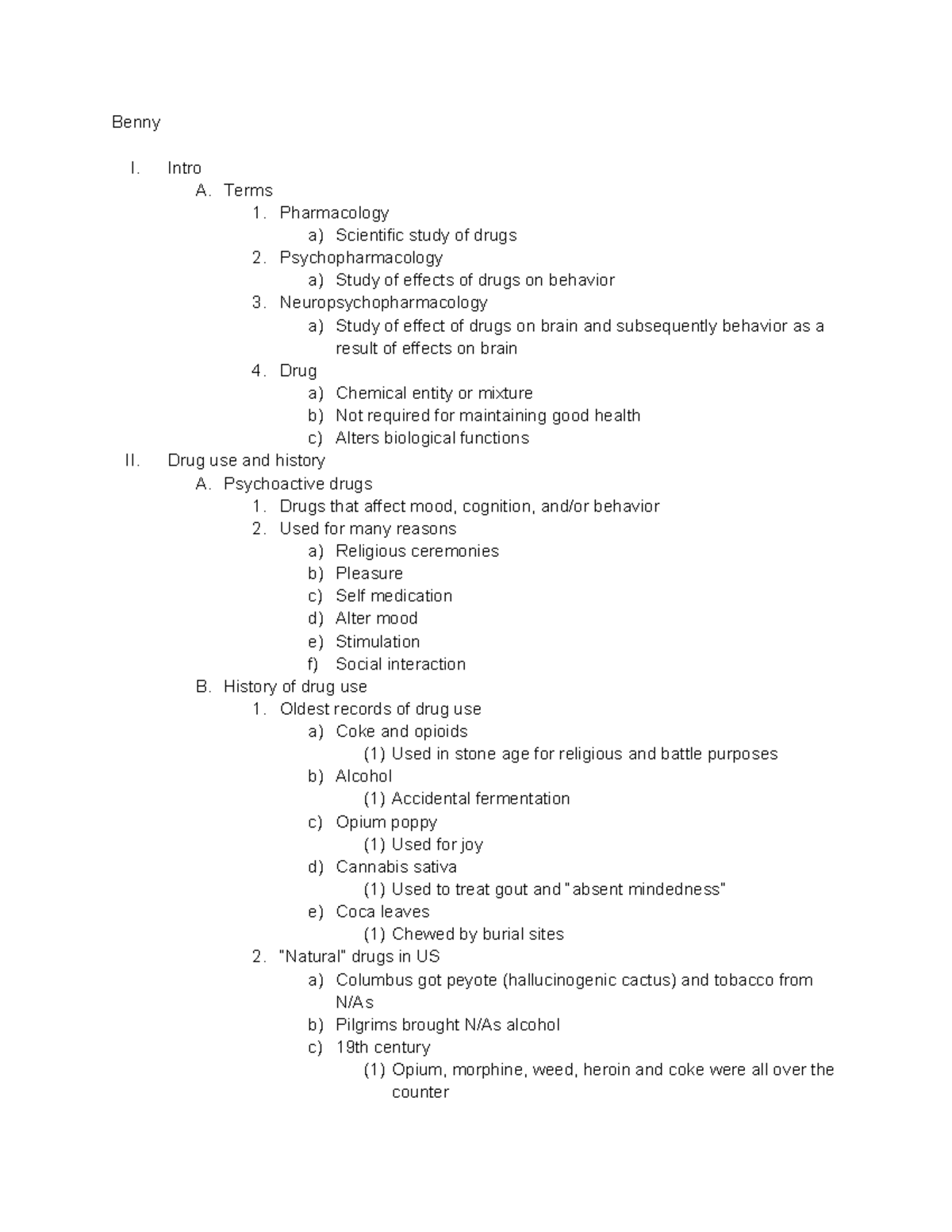 Psych 330 For first test - Benny I. Intro A. Terms 1. Pharmacology a ...