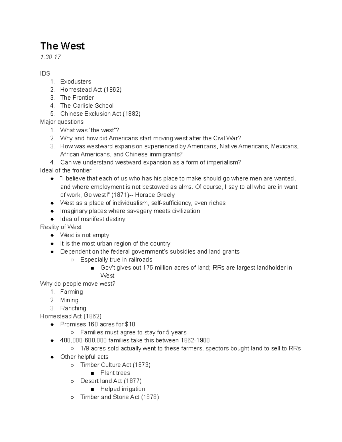 The West - the west summary - The West 1. IDS Exodusters Homestead Act ...