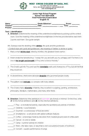ENG 10 TOS Q1 Prelim - it is a sample of Table of Specification for ...