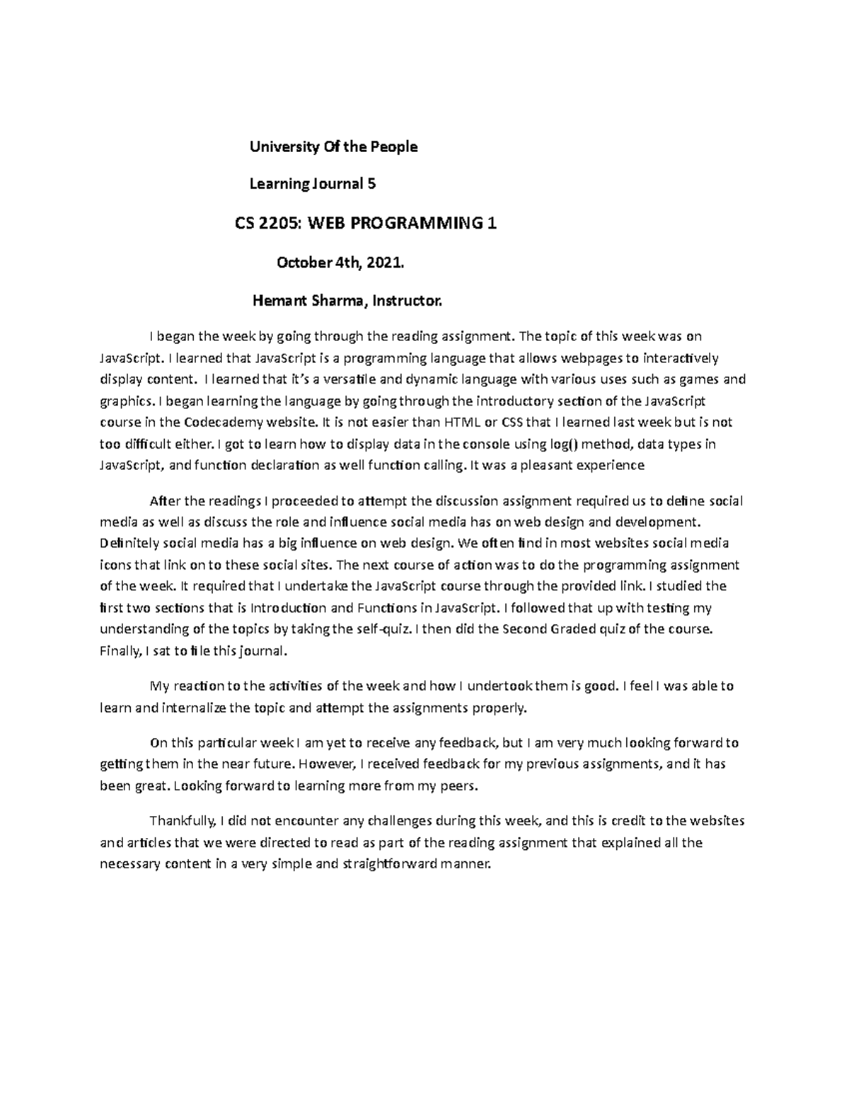 Learning Journal 5 - University Of the People Learning Journal 5 CS 2205: WEB PROGRAMMING 1 ...