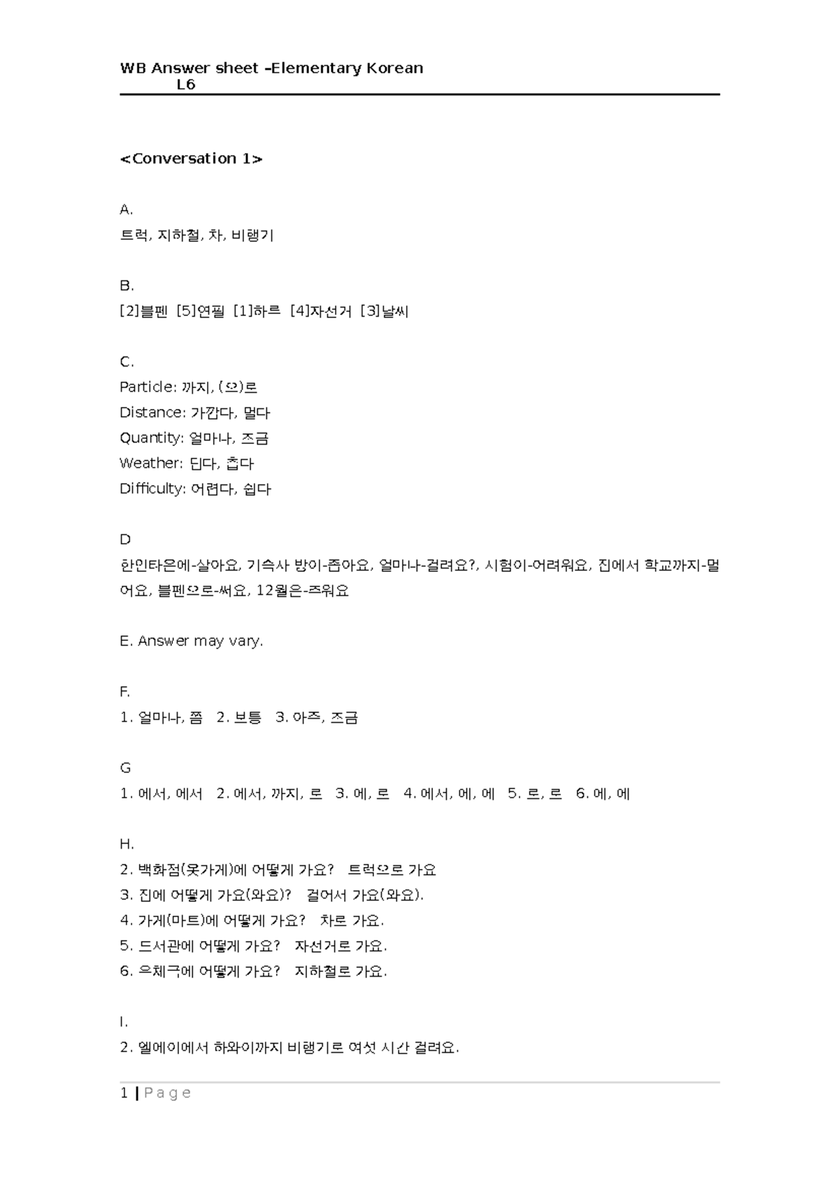 WB answer sheet L6 korean 101 - WB Answer sheet Korean L6 A. B. C ...