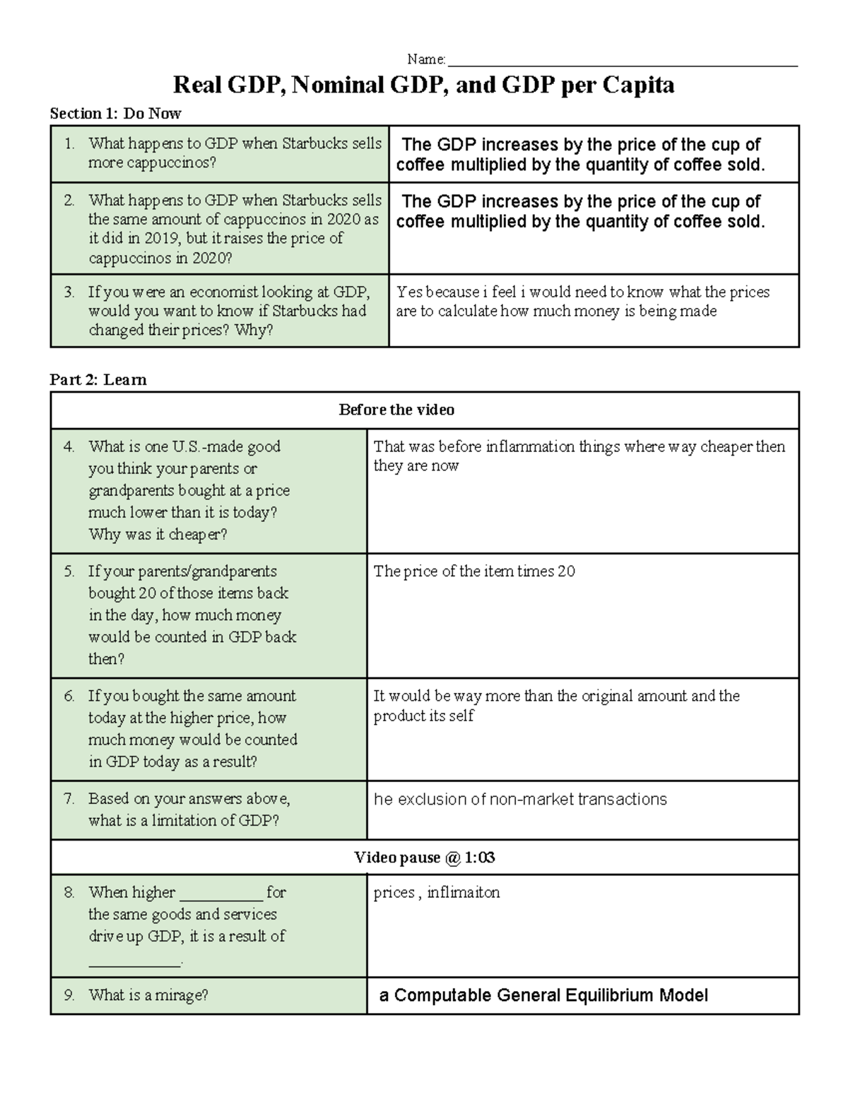 Copy of 1.3 Real GDP, Nominal GDP, and GDP per Capita Handout - - Studocu