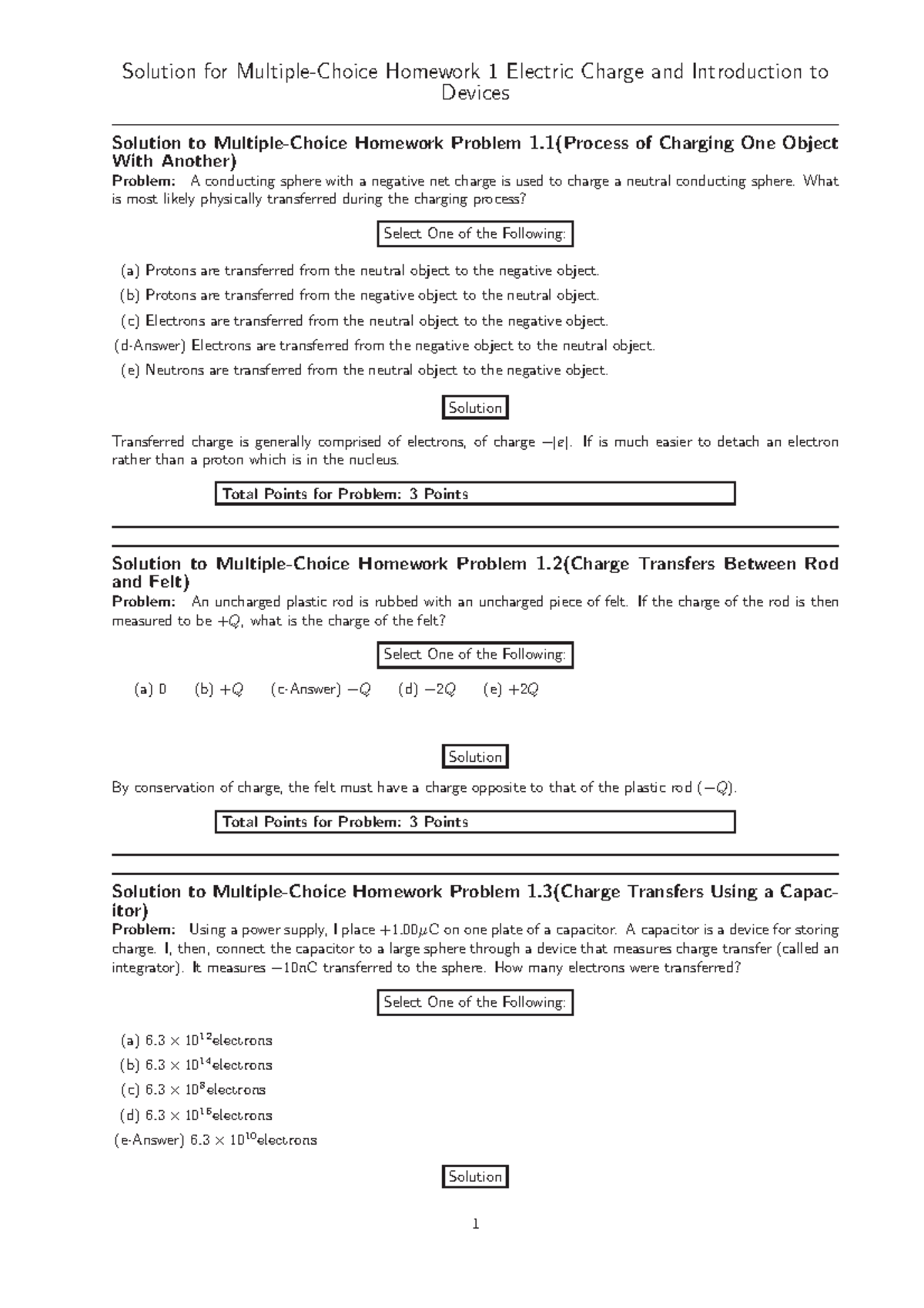 Onlinehomework-1-sln - Solution for Multiple-Choice Homework 1 Electric ...