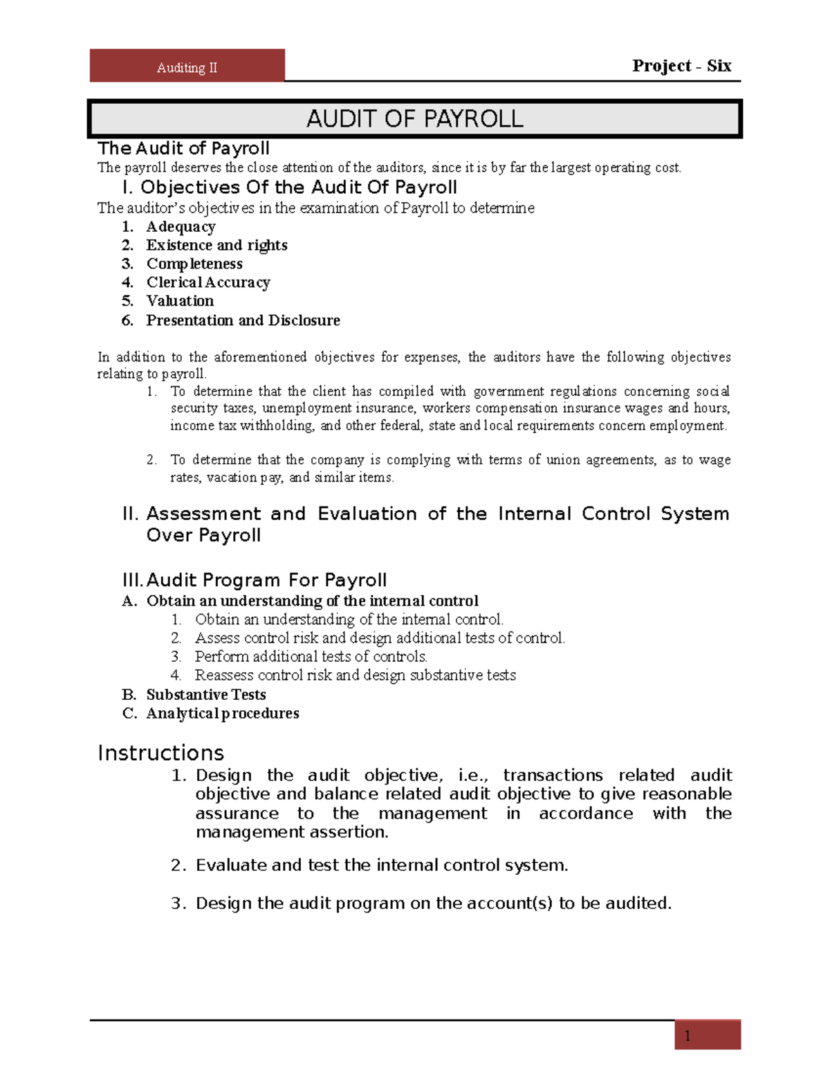 Audit OF Payroll - Auditing II Project - Six AUDIT OF PAYROLL The Audit ...