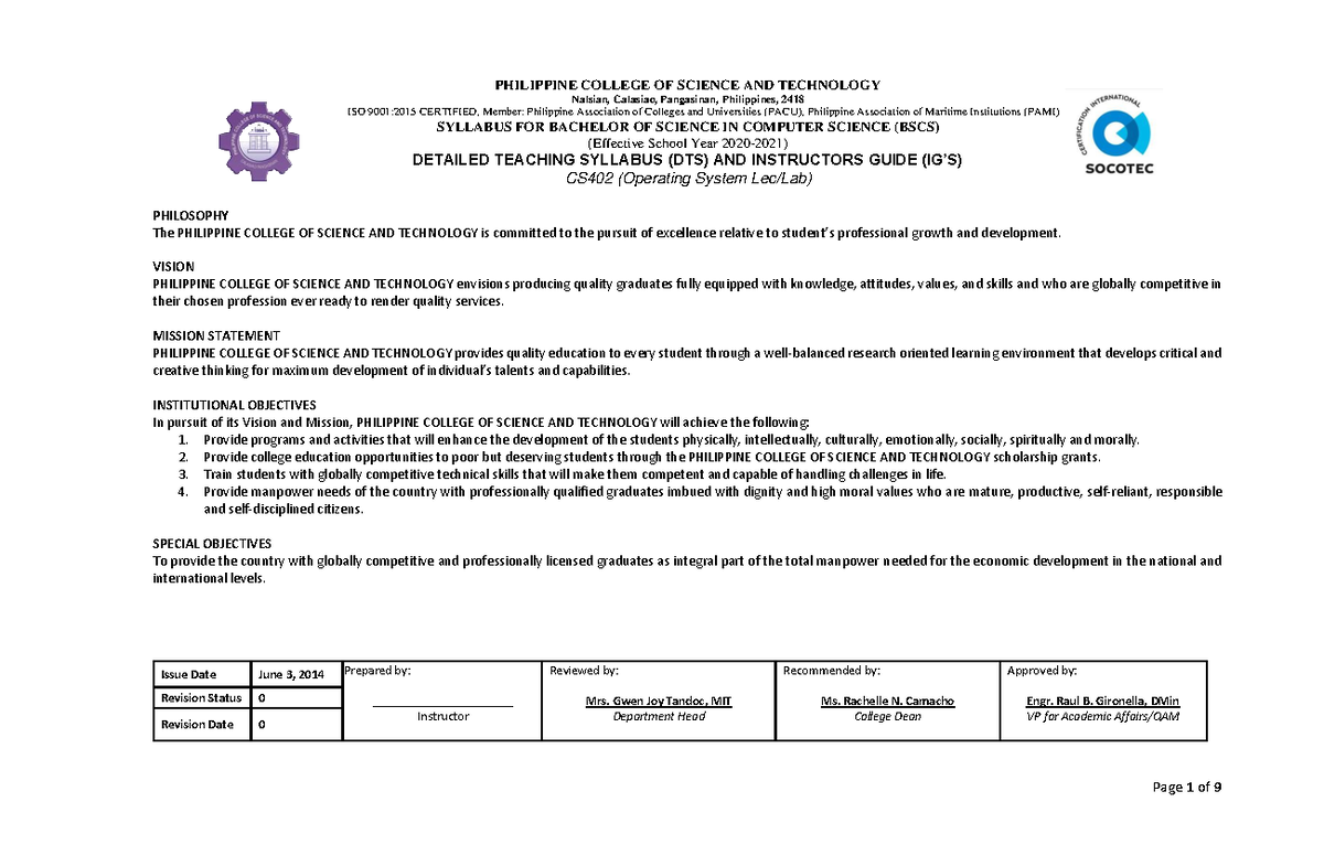 Operating-System - Syllabus for Operating System course - PHILIPPINE ...