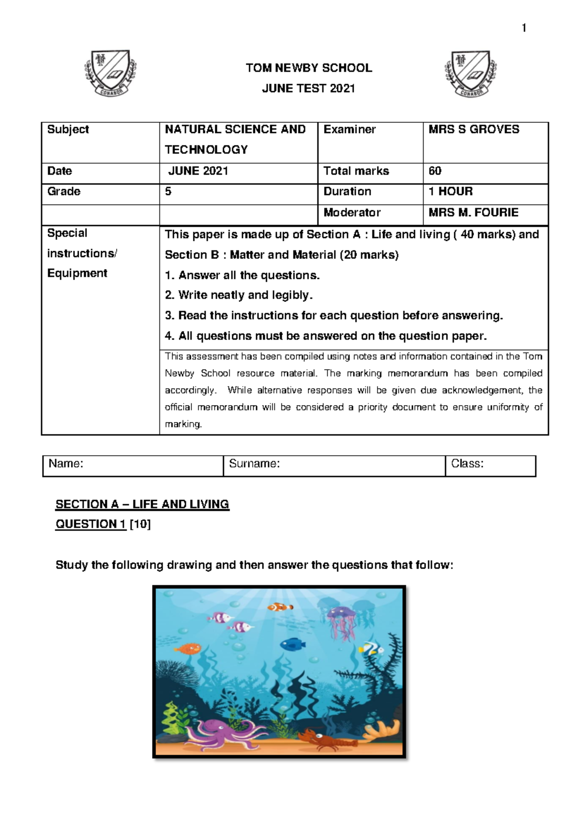 Grade 5 NSTech Exam June 2021 - TOM NEWBY SCHOOL JUNE TEST 2021 Subject ...