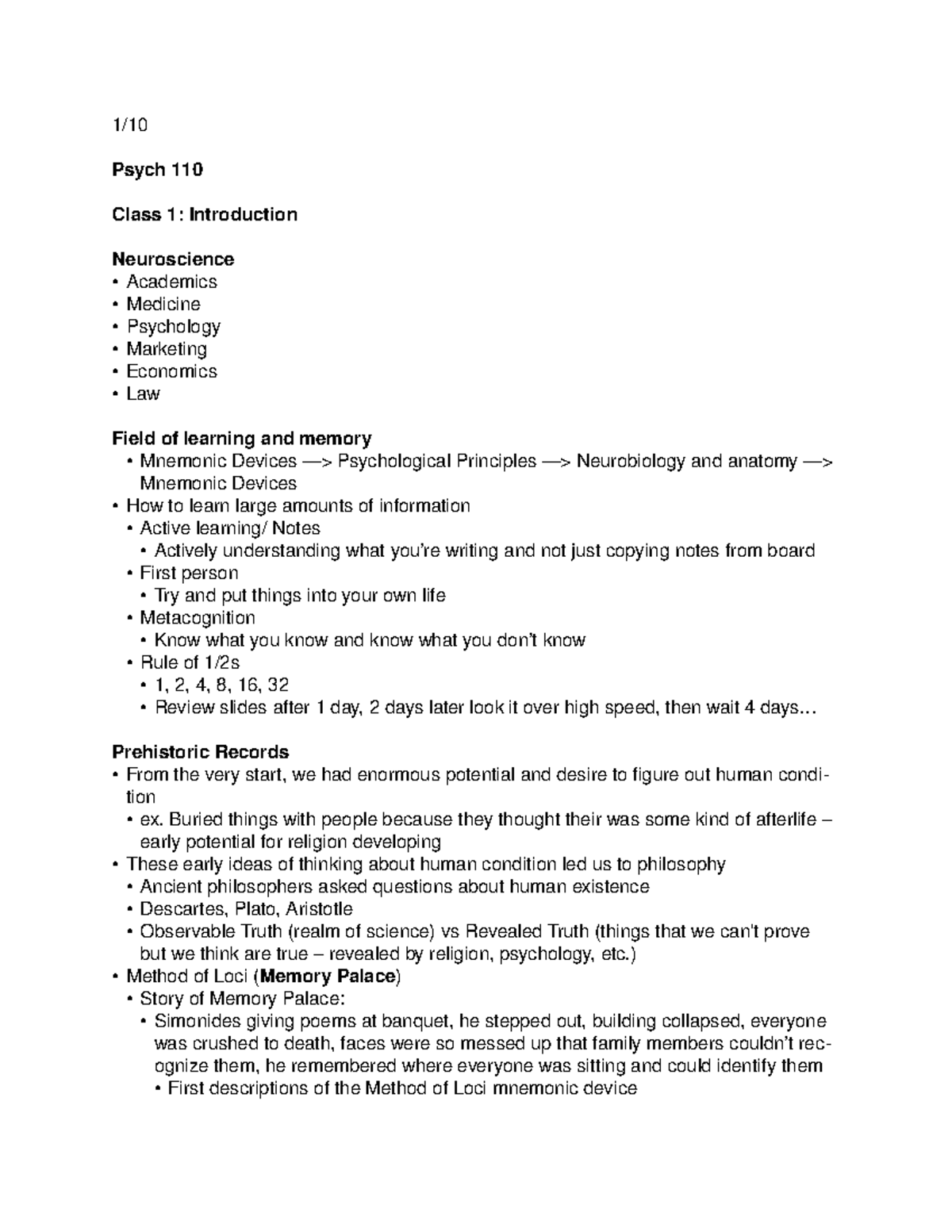 Psych 110 Notes - 1/10 Psych 110 Class 1: Introduction Neuroscience ...