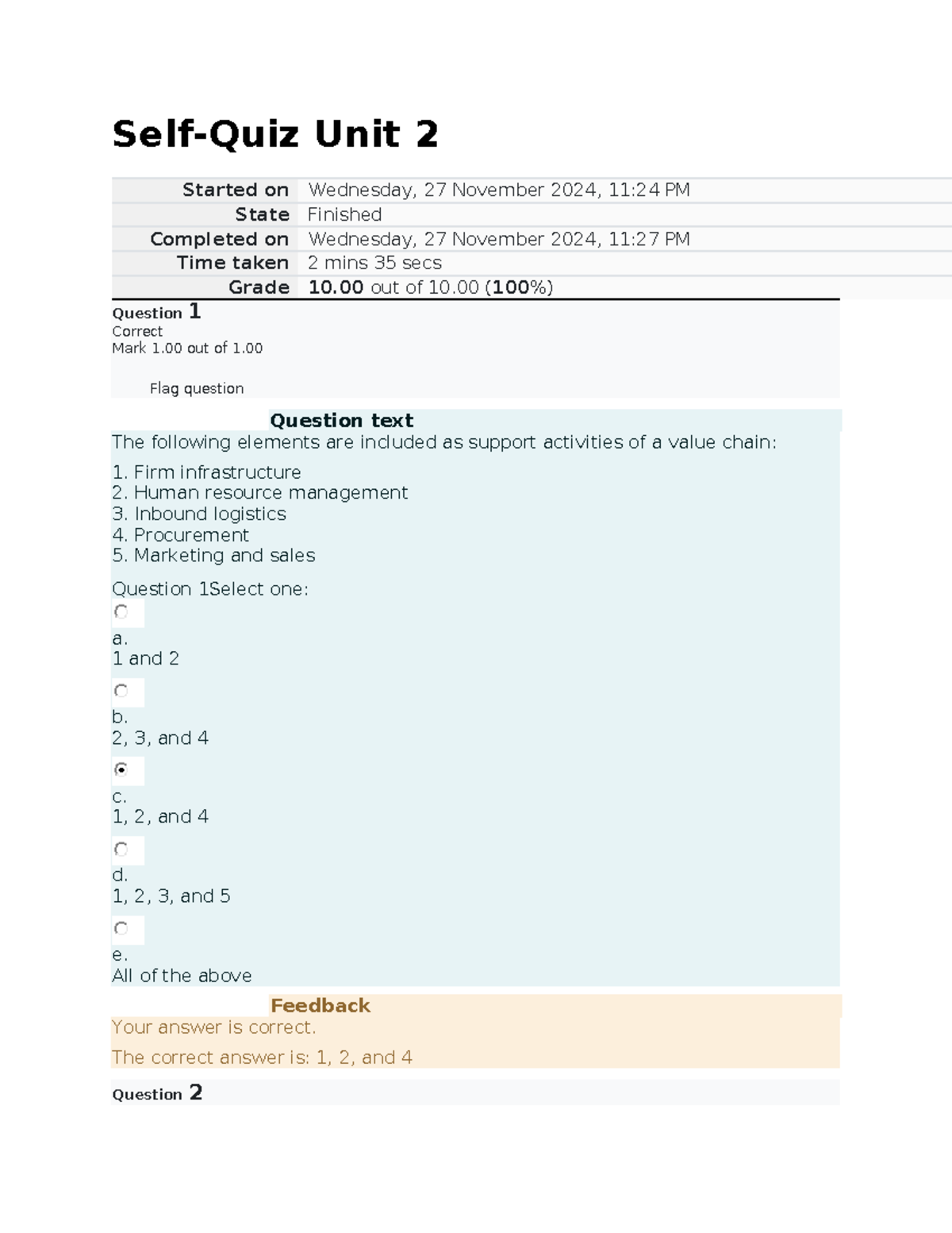 BUS 2202 Self Quiz 2 - Self Quiz 2 - Self-Quiz Unit 2 Started on Wednesday, 27 November 2024, 11 ...