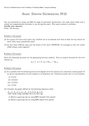 Solution Exam Discrete 2021 - Solution Exam: Discrete Mathematics, WS 20/ Problem 1 (a) 5! (b ...