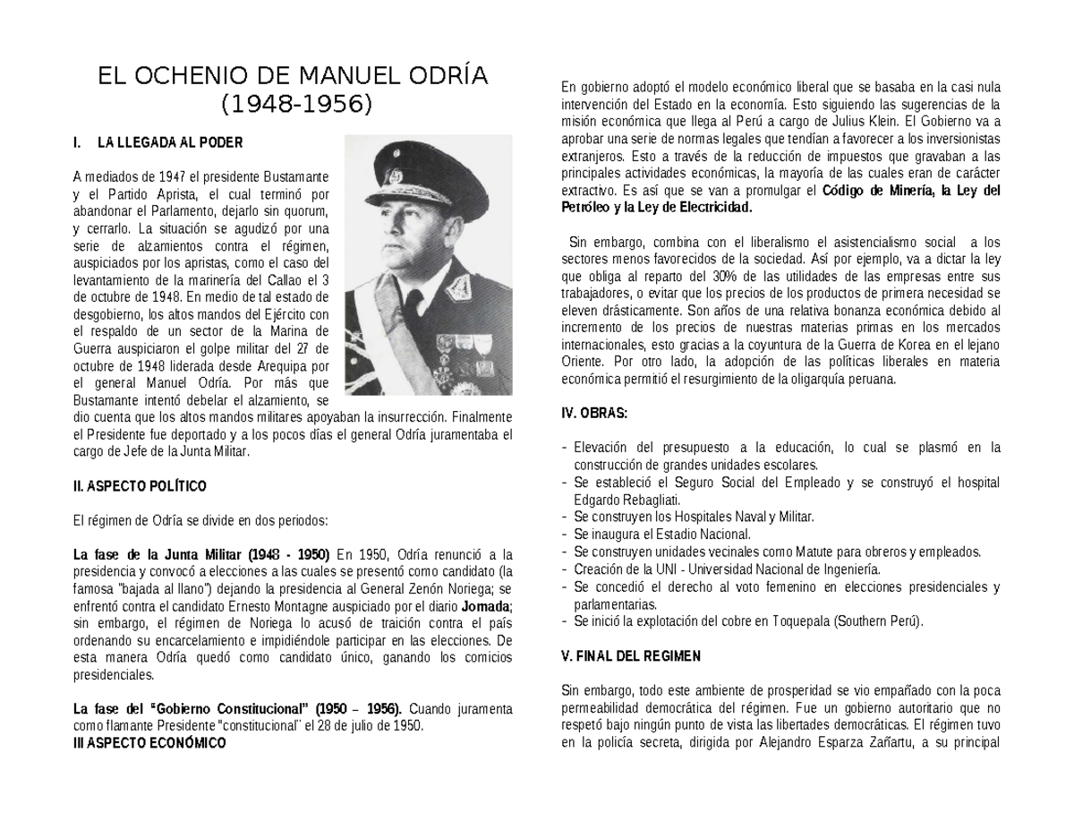 EL Ochenio DE Manuel Odria - EL OCHENIO DE MANUEL ODRÍA (1948-1956) I. LA LLEGADA AL PODER A ...