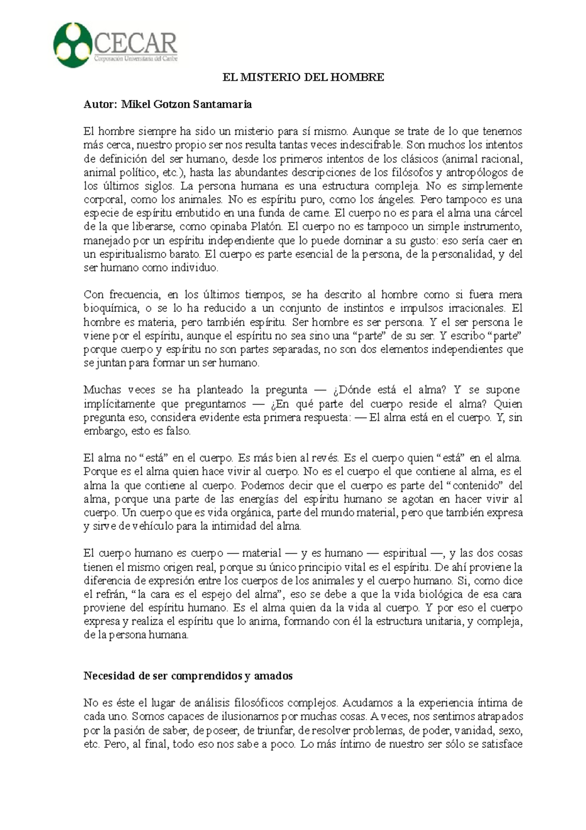 1. El misterio del hombre - EL MISTERIO DEL HOMBRE Autor: Mikel Gotzon ...