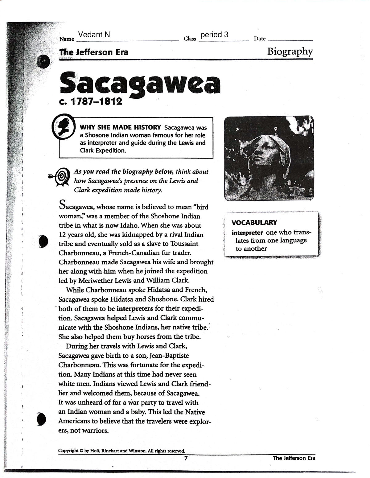 Sacagawea biography - Vedant N period - Studocu