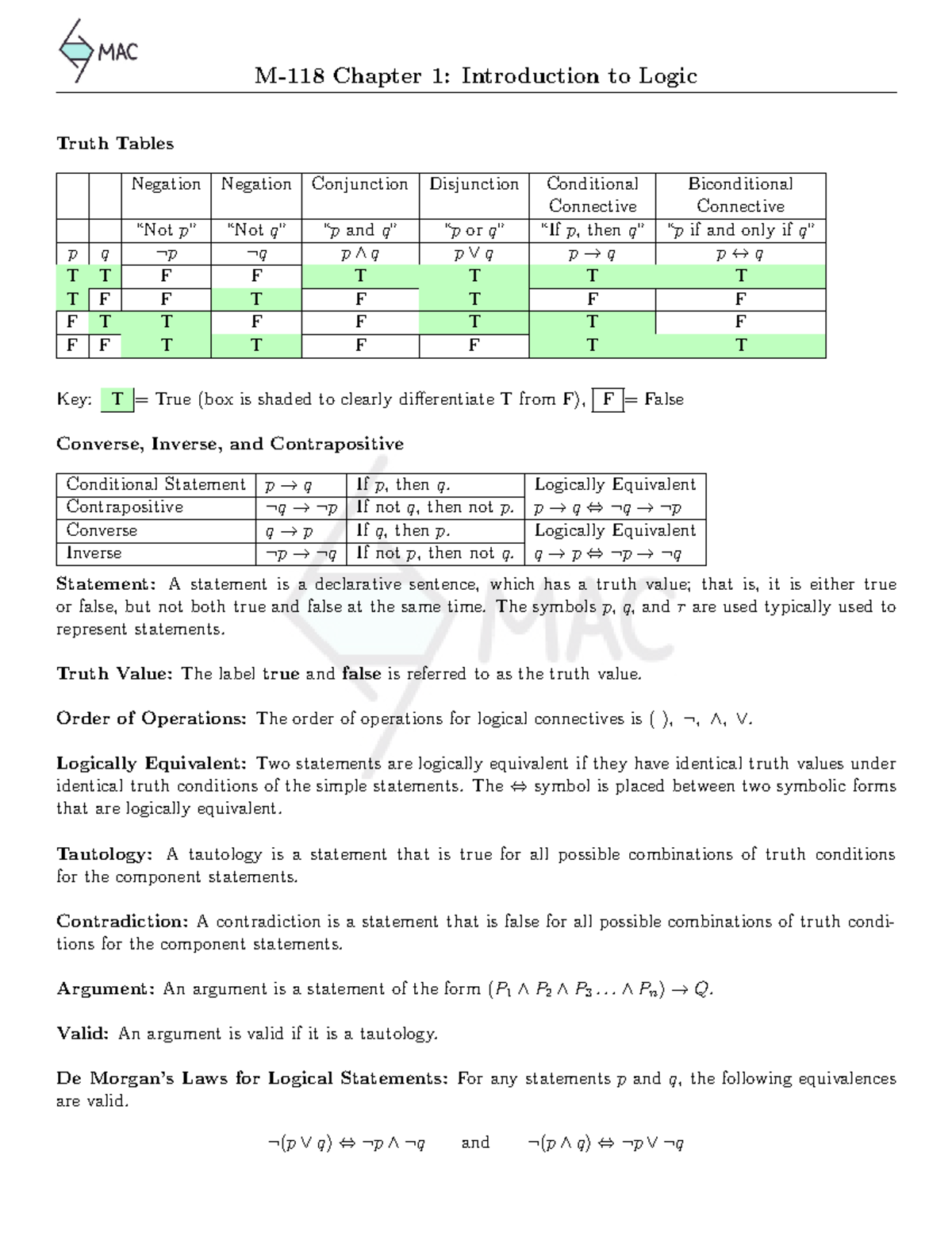 M118 Chapter 1 New - M-118 Chapter 1: Introduction to Logic Truth ...