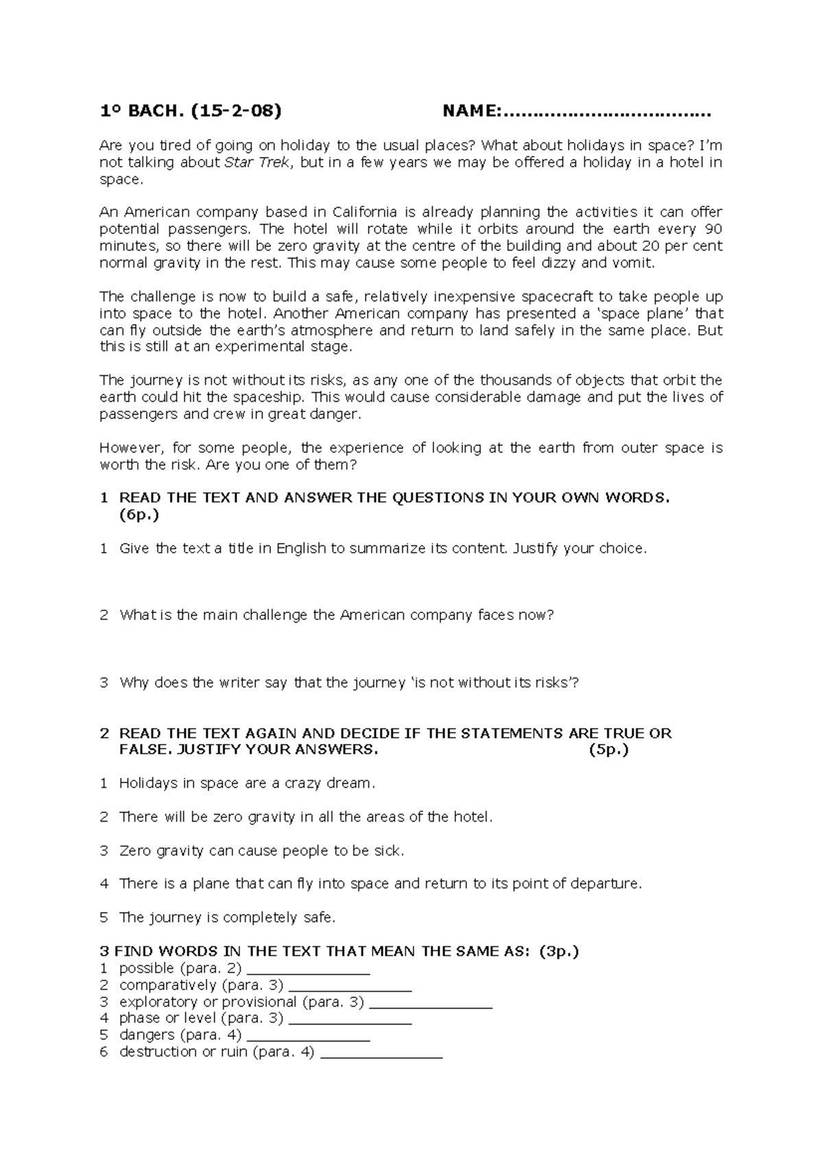 1st bachillerato - reading comprehension - 1º BACH. (15-2-08) - Studocu