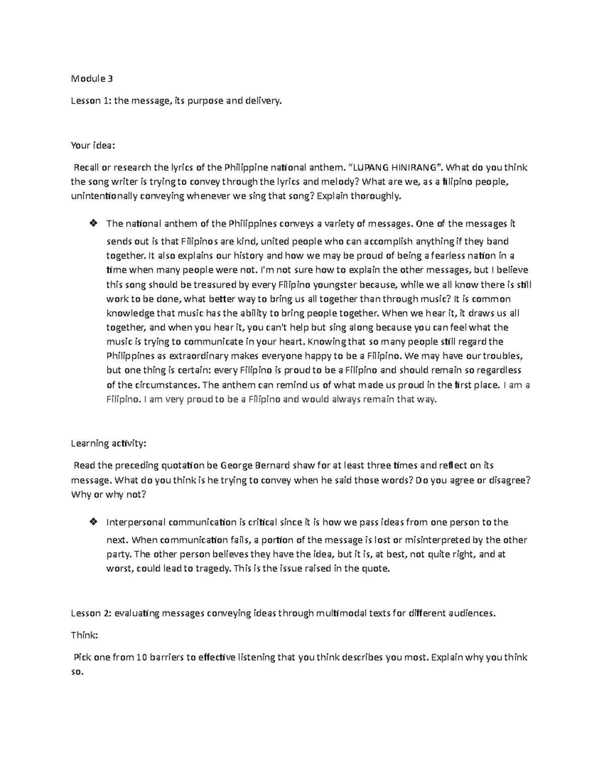 Gecc102 - Copy - Module 3 Lesson 1: the message, its purpose and delivery. Your idea: Recall or ...