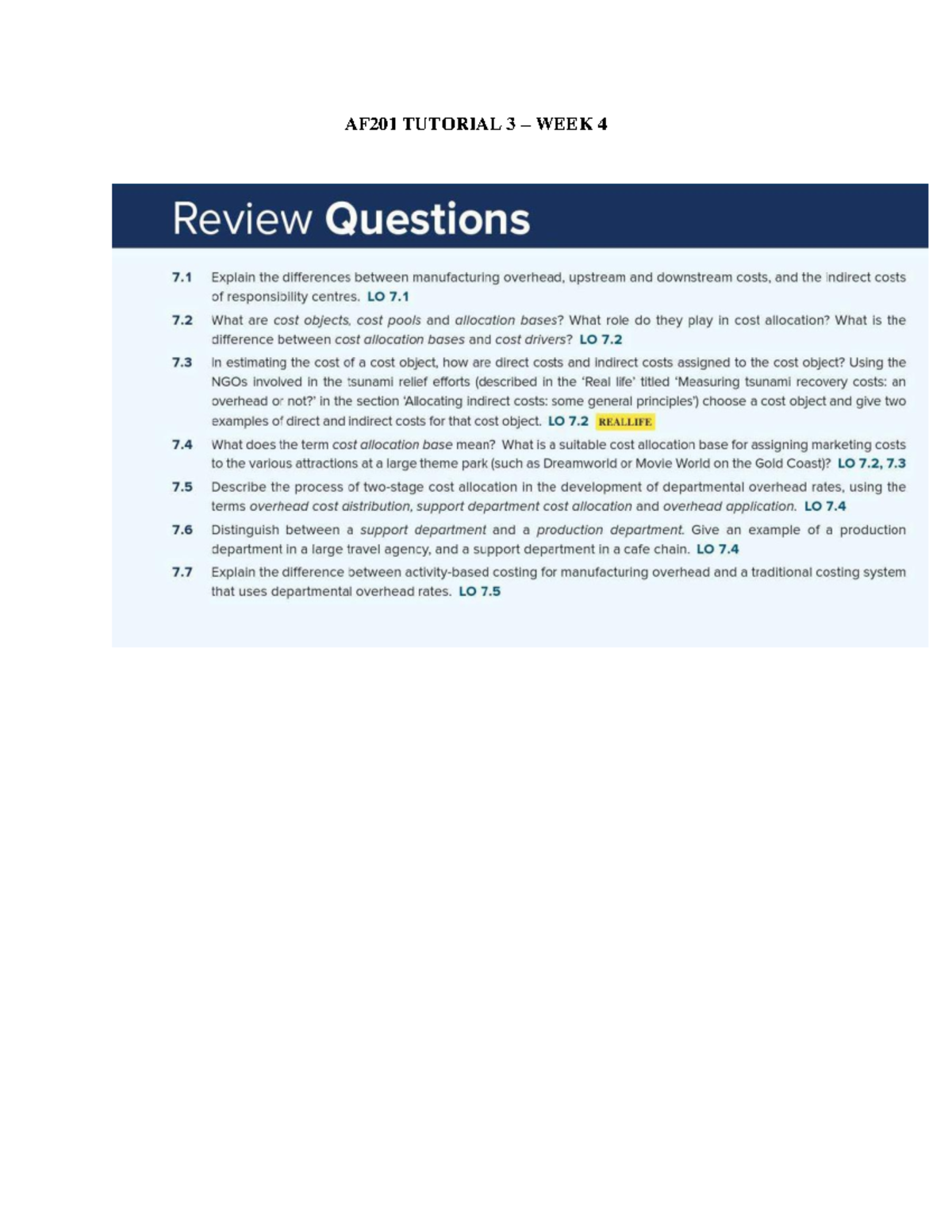 Tutorial Ques - Week 4 - Managerial Accounting - AF201 TUTORIAL 3 ...