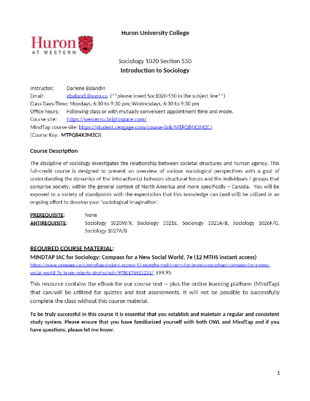 Syllabus for SOC1020: Introduction to Sociology Course Overview - Huron ...