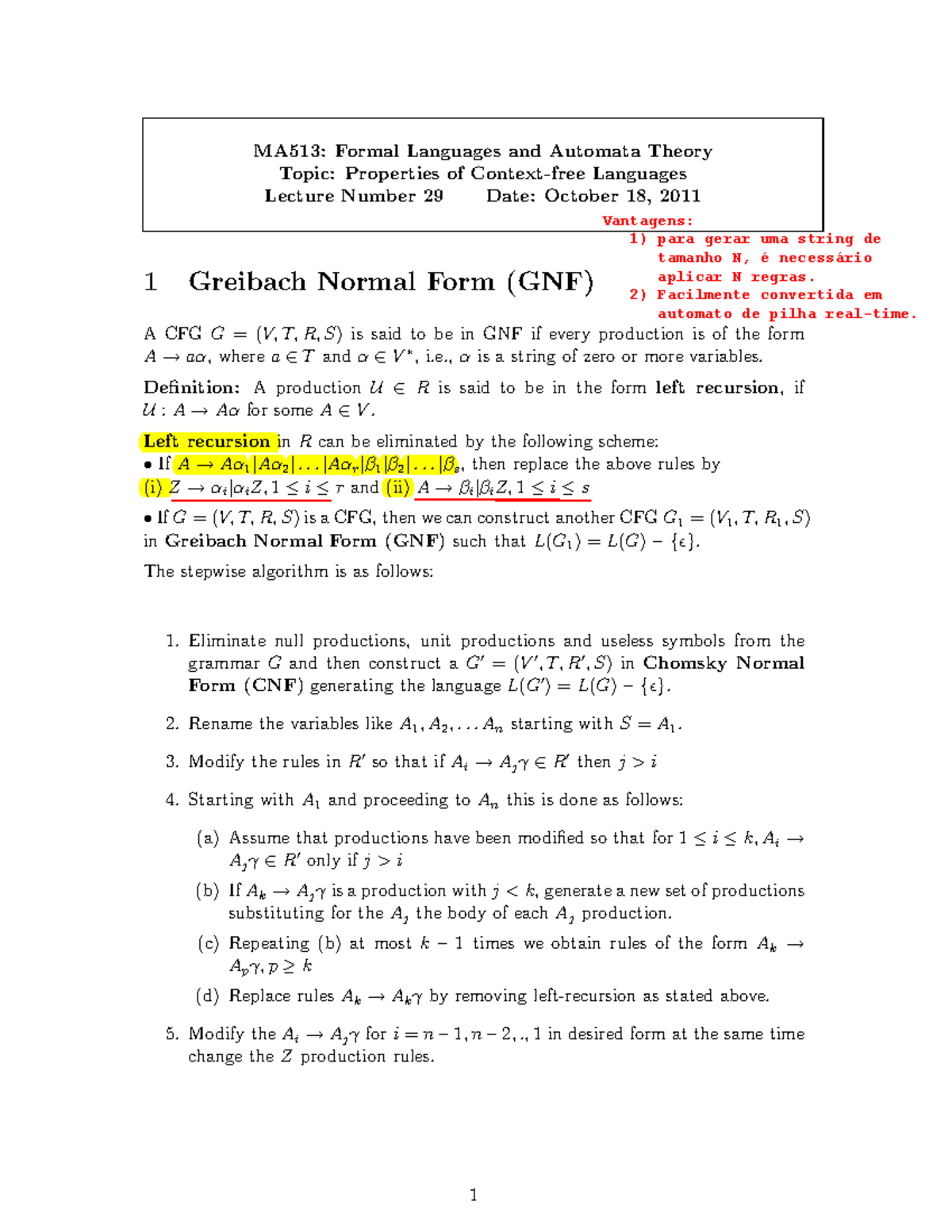 Greibach Normal Form - Linguagem de formais e automatos, conteudo de ...
