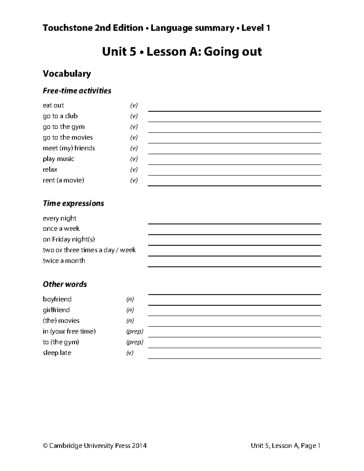 TS2e L1 U5 LA Langsum - ayuda de ingles - go to a club Touchstone 2nd Edition • Language summary ...