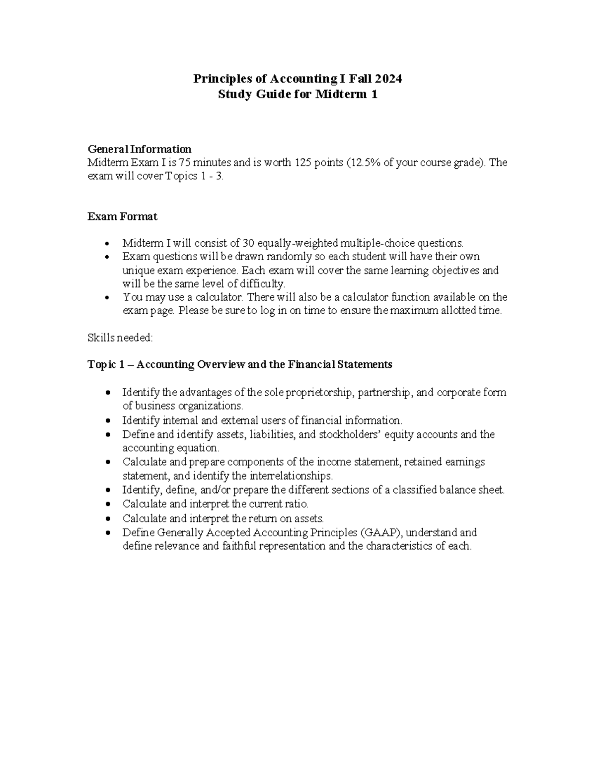 Study Guide Midterm 1 Fall 2024 - Principles of Accounting I Fall 2024 Study Guide for Midterm 1 ...