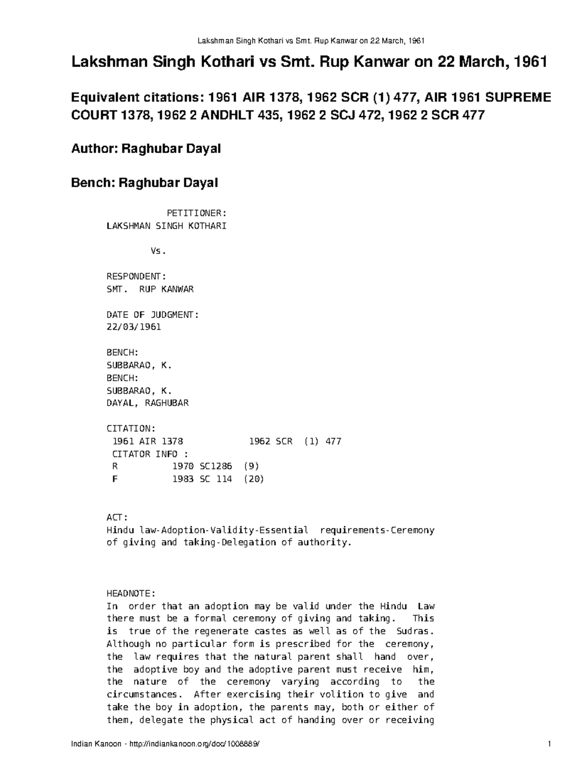 Lakshman Singh Kothari vs Smt Rup Kanwar on 22 March 1961 - Lakshman Singh Kothari vs Smt. Rup ...