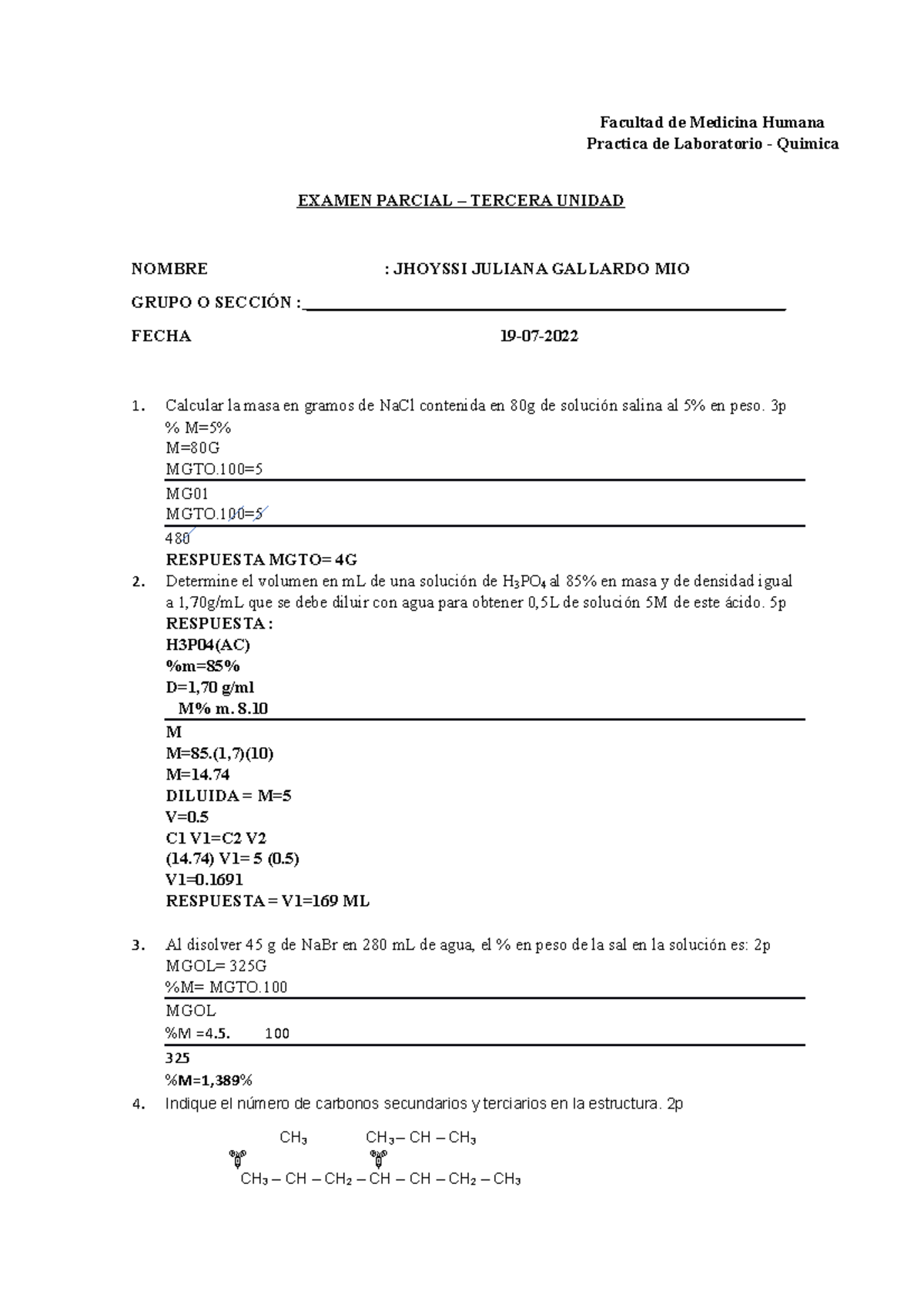 Tercer Examen Parcial DE Quimica (Recuperado automáticamente) - Facultad de Medicina Humana ...