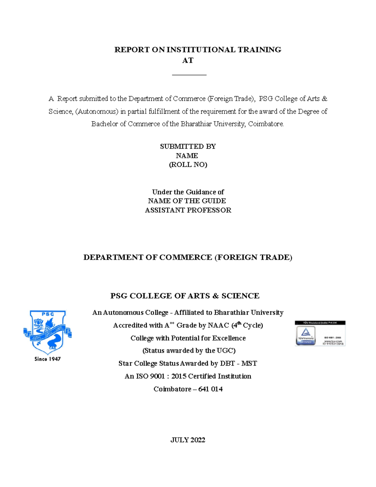 Front page format for internship - REPORT ON INSTITUTIONAL TRAINING AT ...