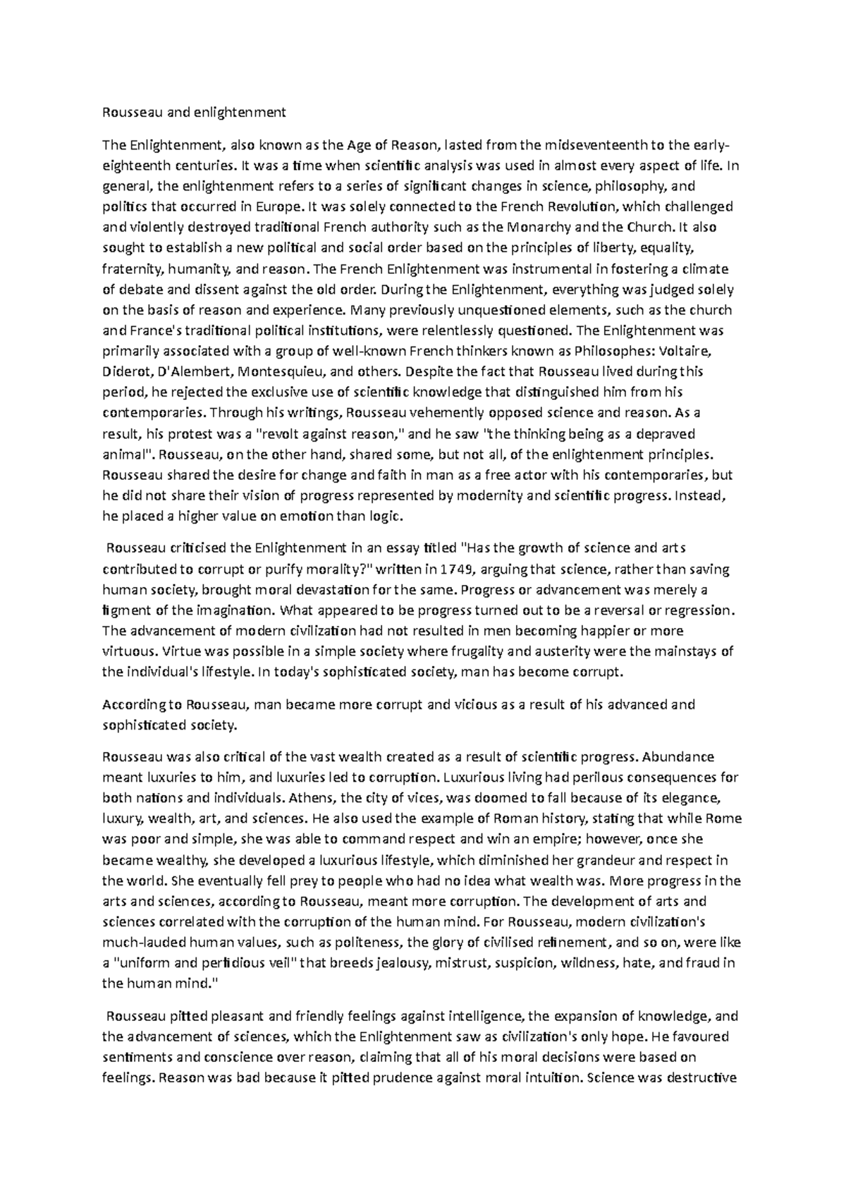 Rousseau and enlightenment notes - Rousseau and enlightenment The ...