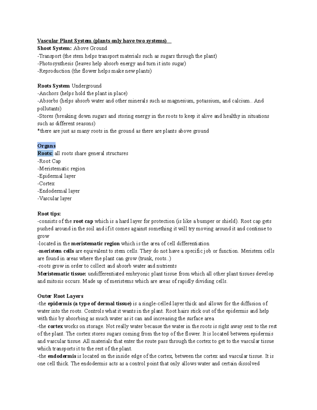 Plants Unit Notes - Vascular Plant System (plants only have two systems ...