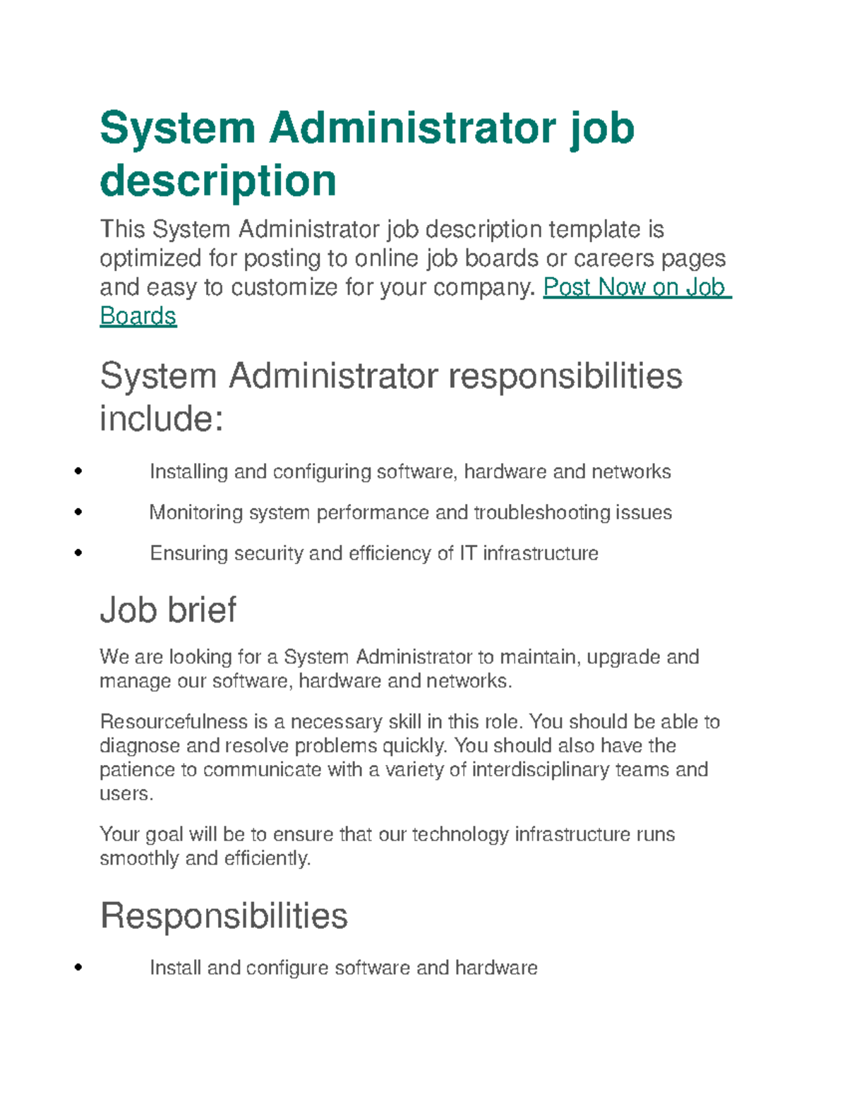 System Administrator job description - Post Now on Job Boards System ...