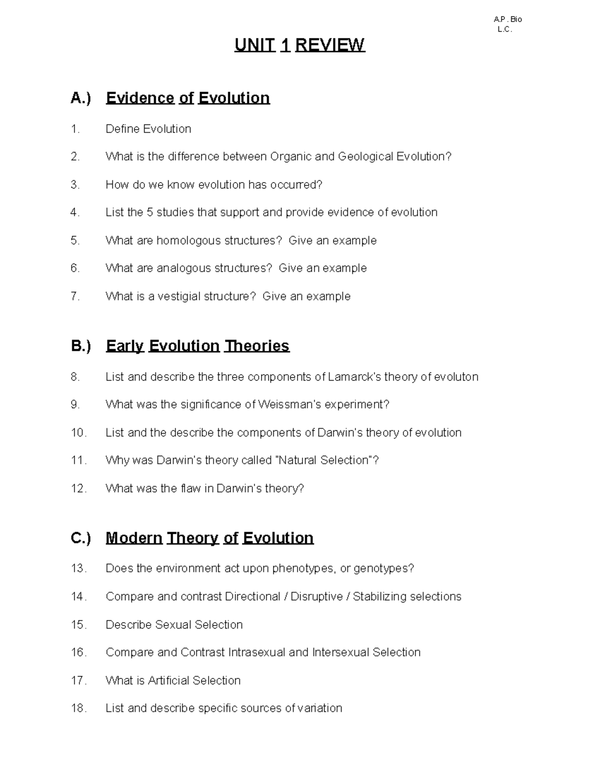 Unit1Review Sheet Evolution - A. Bio L. UNIT 1 REVIEW A.) Evidence of ...