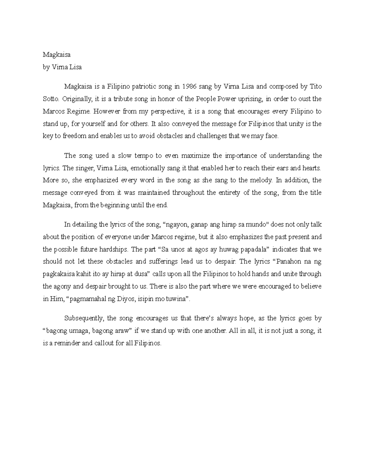 Song Analysis - Essay - Magkaisa by Virna Lisa Magkaisa is a Filipino ...