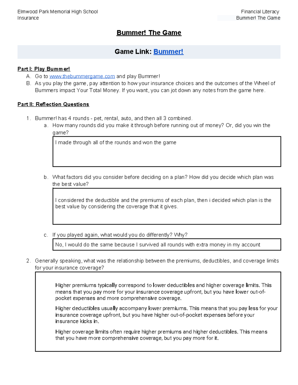 Bummer The Game - Elmwood Park Memorial High School Financial Literacy ...
