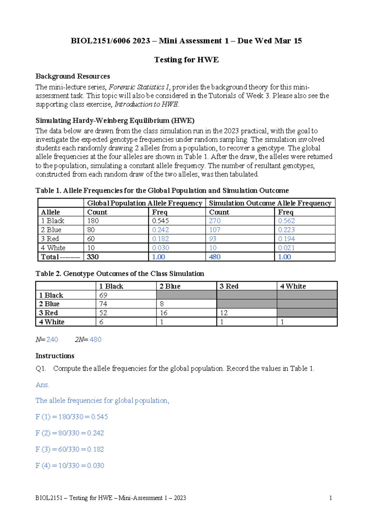 Mini assessment 1-BIOL6006 HWE - BIOL2151/6006 2023 – Mini Assessment 1 ...