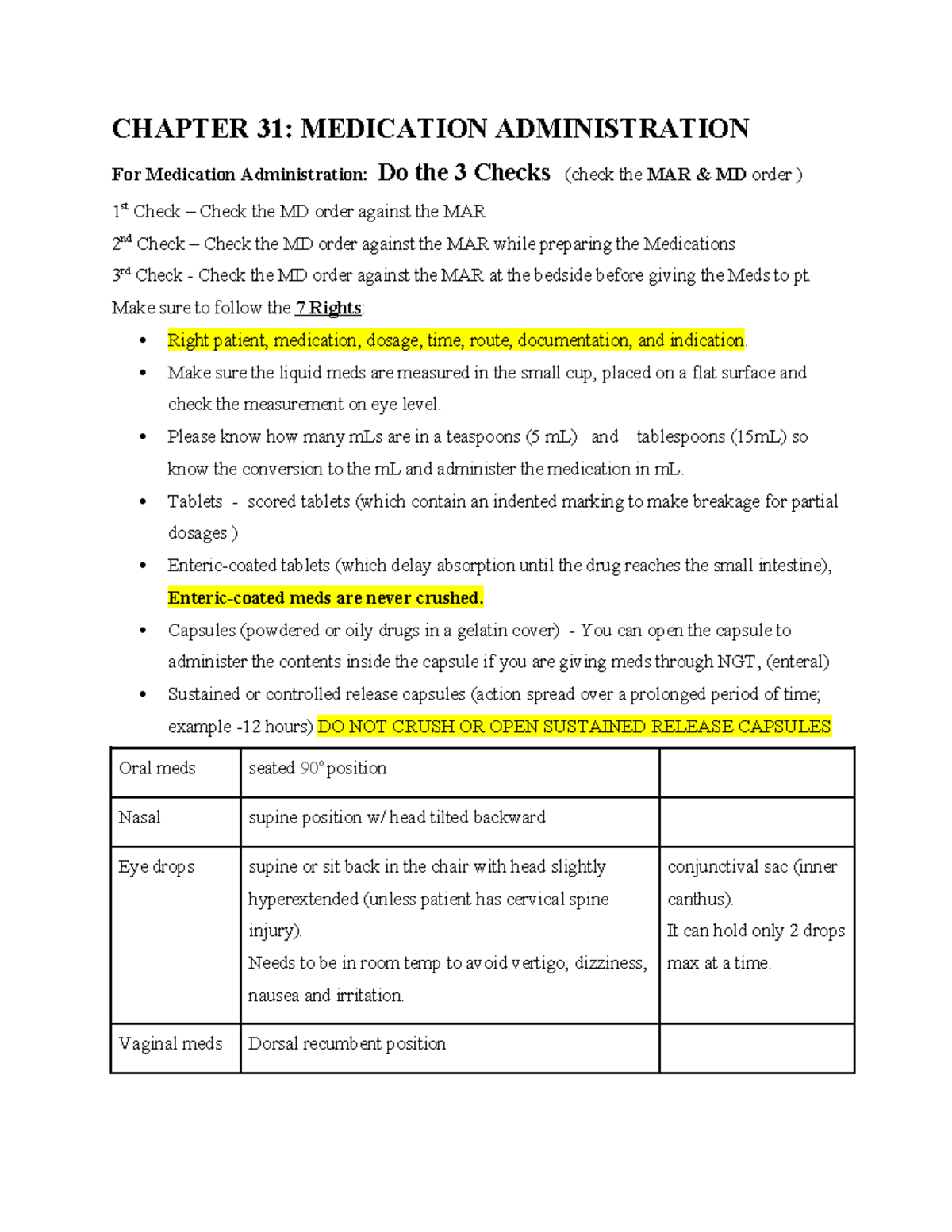 Chapter 31 Medication Administration Notes - CHAPTER 31: MEDICATION ...
