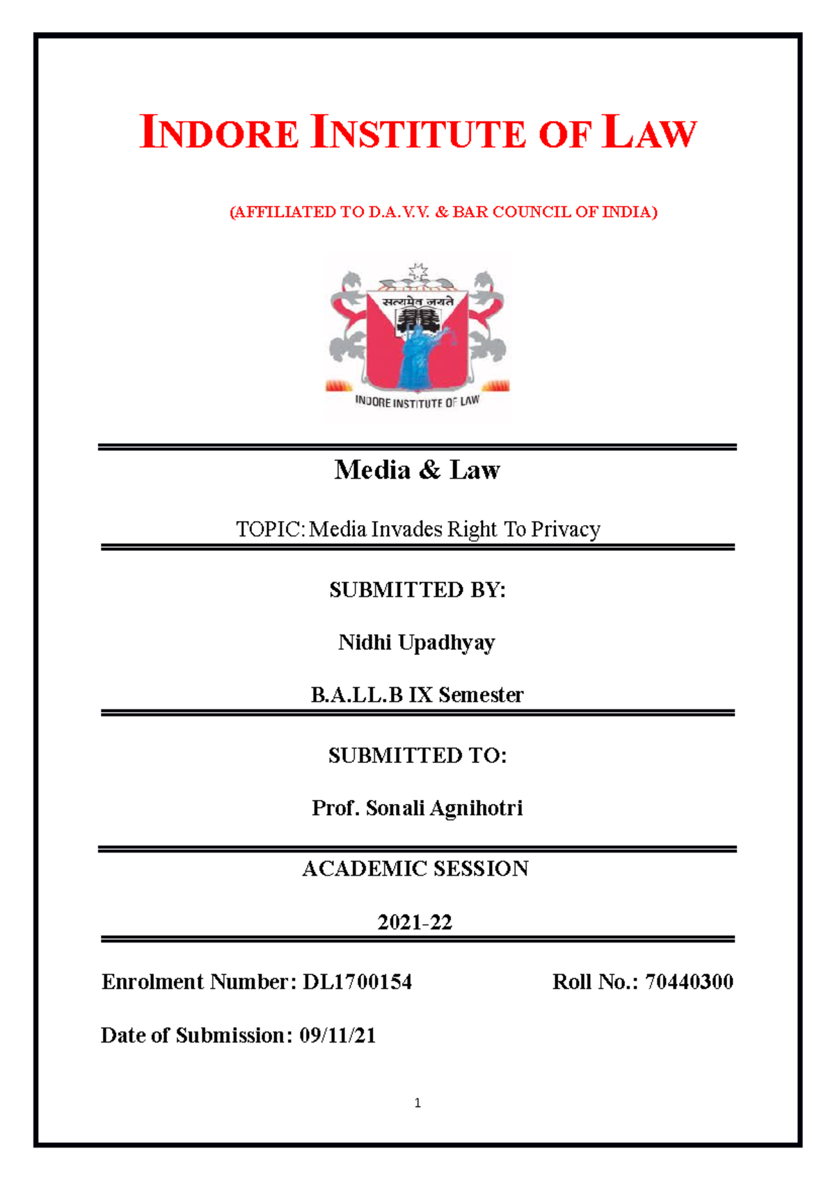 Nidhi Upadhyay IX B Ballb media law - INDORE INSTITUTE OF LAW (AFFILIATED TO D.A.V. & BAR - Studocu