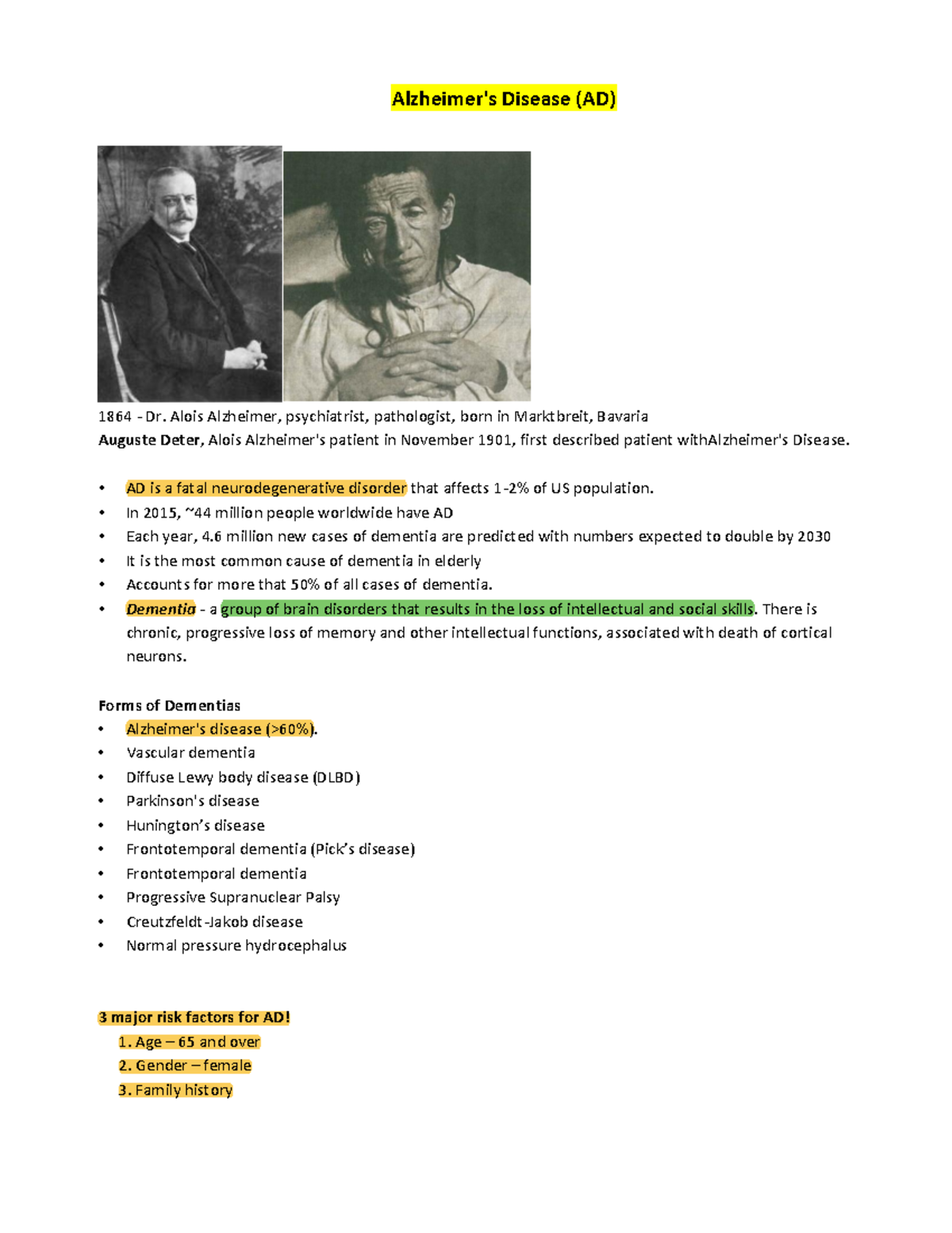 9 Lecture-Alzhimer s Disease - Alzheimer's Disease (AD) 1864 - Dr ...