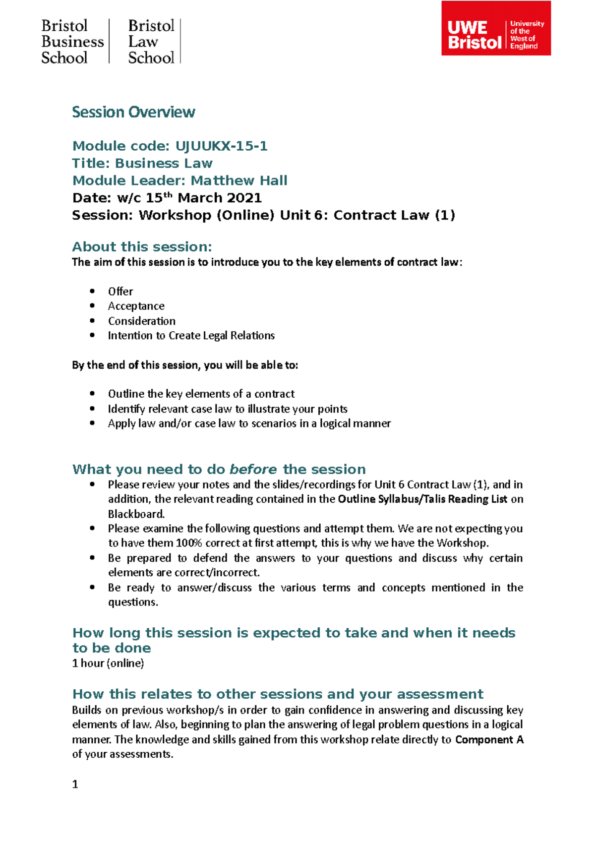 Unit 6 Contract Law - Session Overview Module code: UJUUKX-15- Title ...