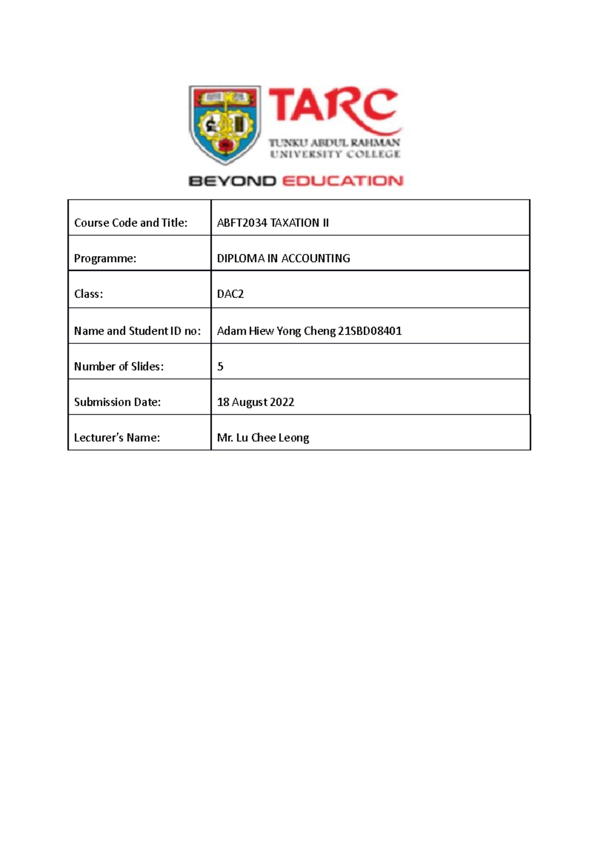 Tax2 Speech Adam Hiew Course Code And Title Abft2034 Taxation Ii