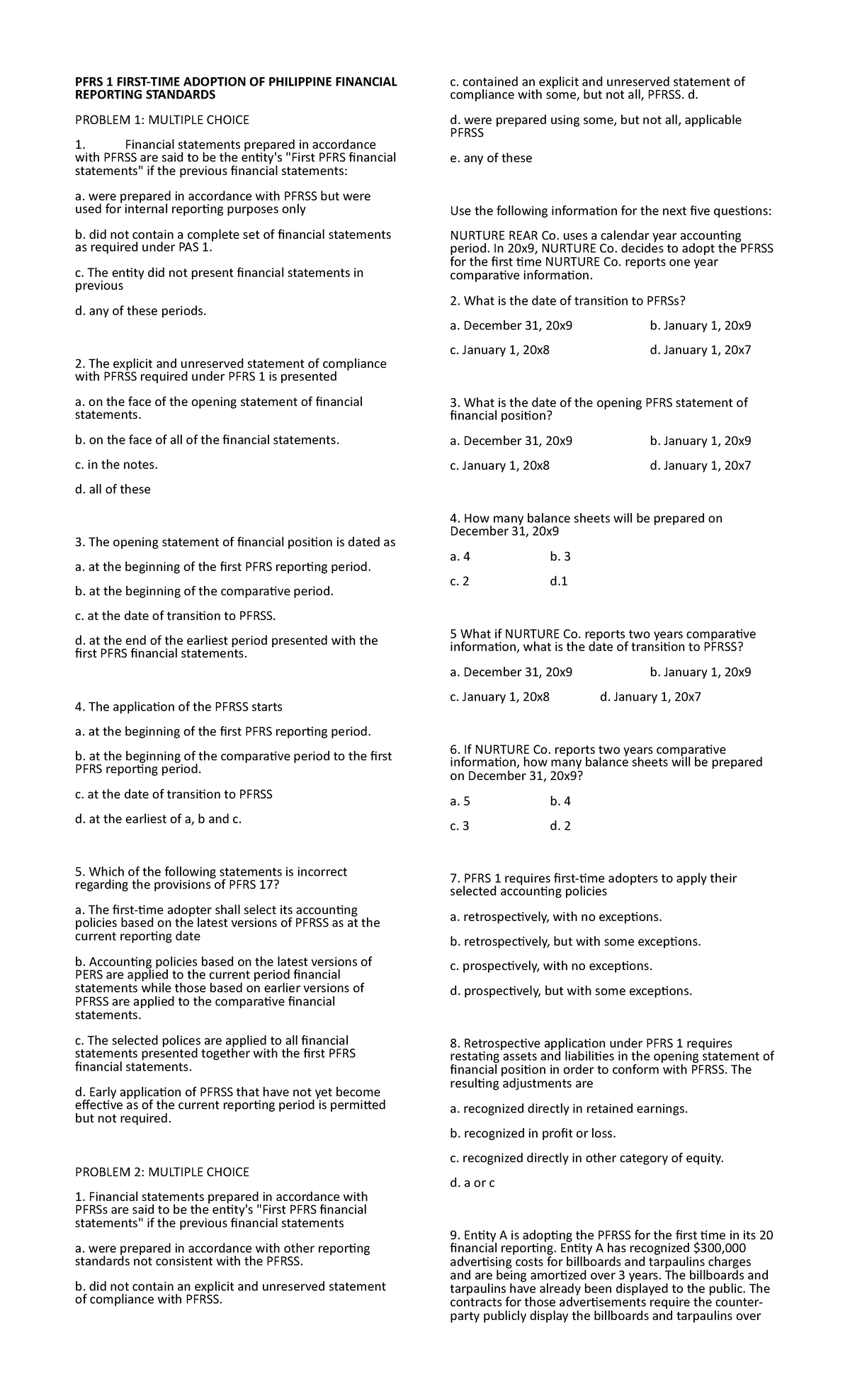 CFAS-PFRS - CFAS PFRS questionnaire Millan - PFRS 1 FIRST-TIME ADOPTION ...