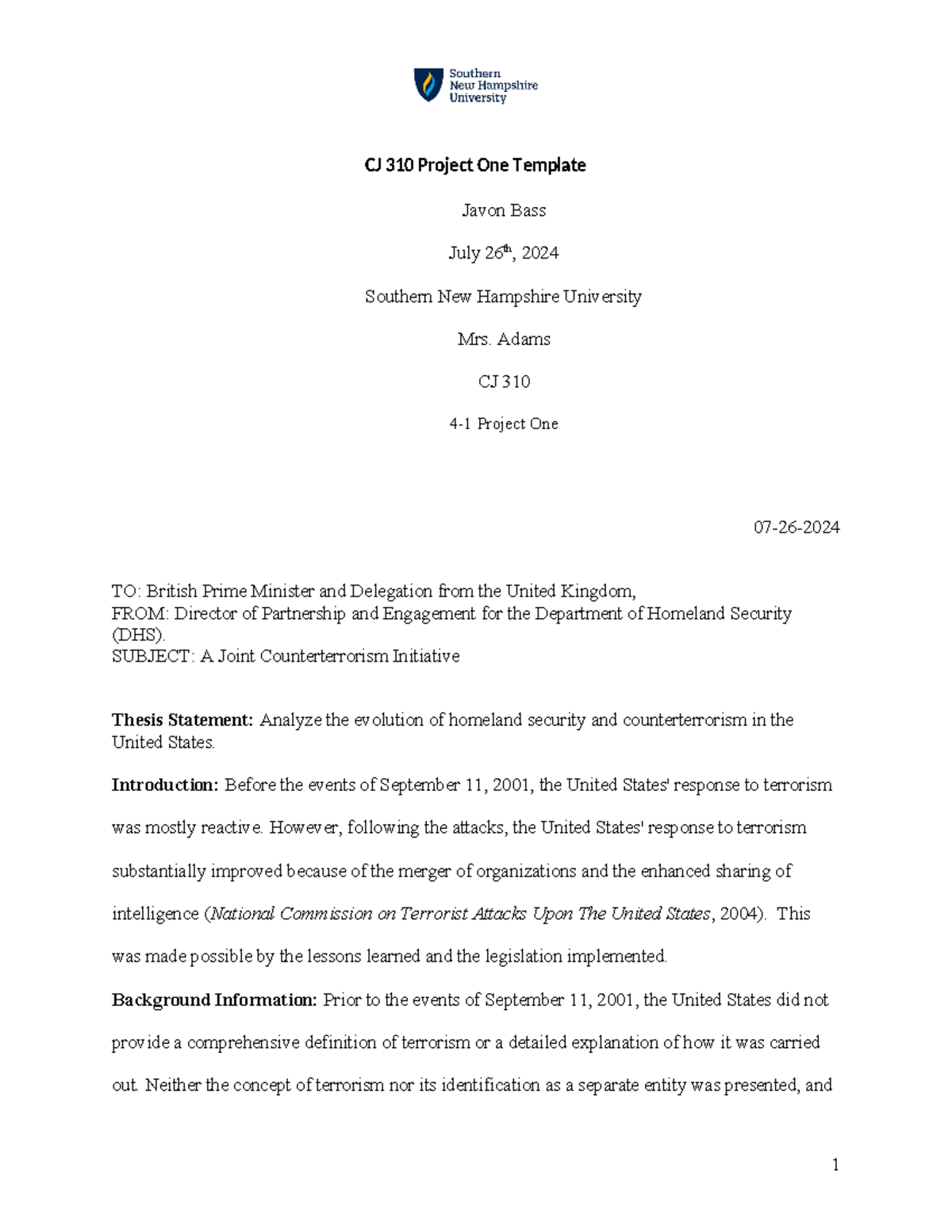 4-1 Project DHS Director to Prime MInister - CJ 310 Project One ...