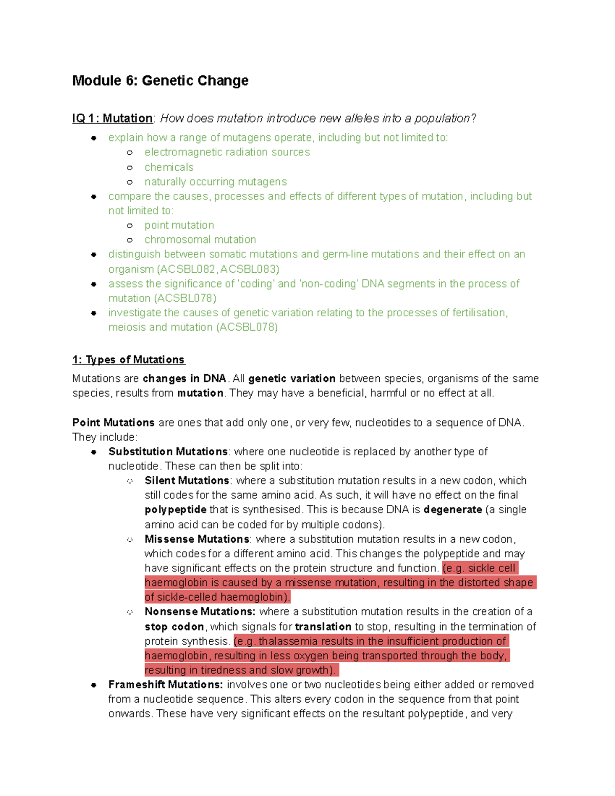 Biology Module 6 Inquiry Questions 1 and 2 - Module 6: Genetic Change ...