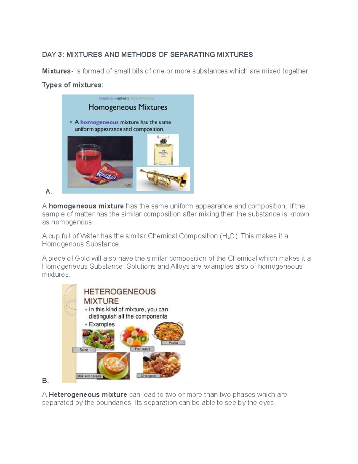 Mixtures and Diff. Methods of Separating Mixtures - DAY 3: MIXTURES AND ...