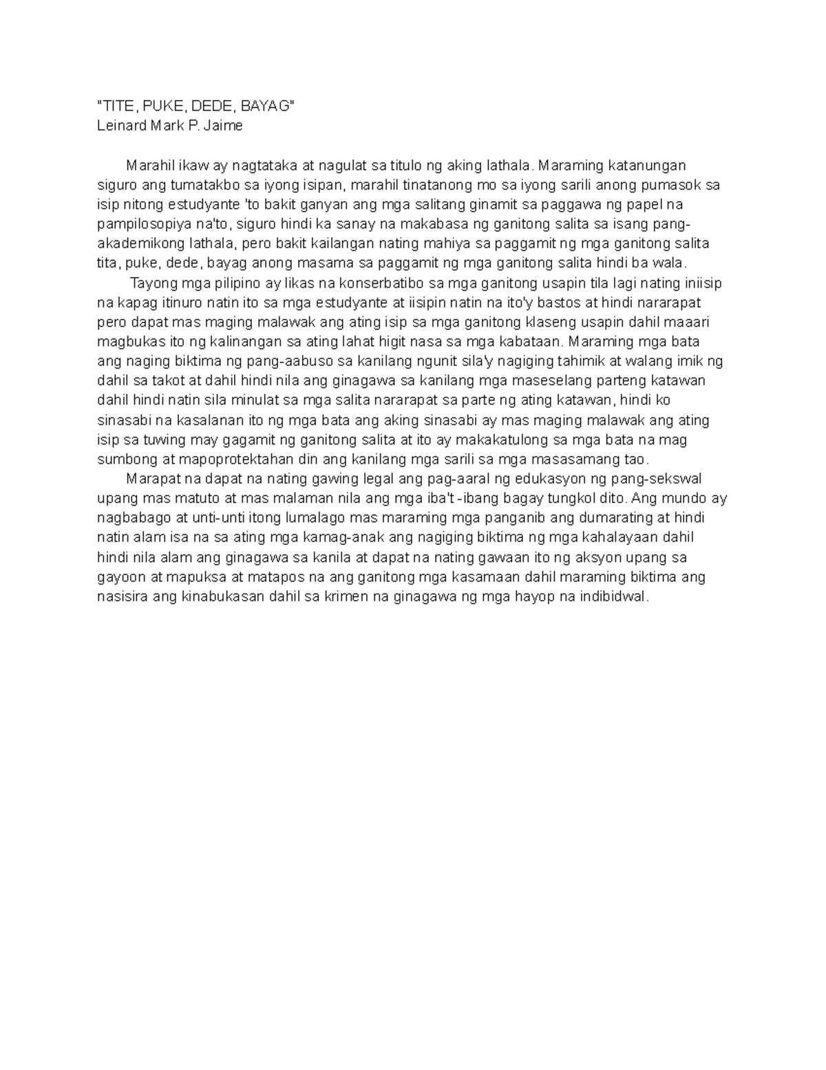 TITE, PUKE, DEDE, Bayag - "TITE, PUKE, DEDE, BAYAG" Leinard Mark P ...