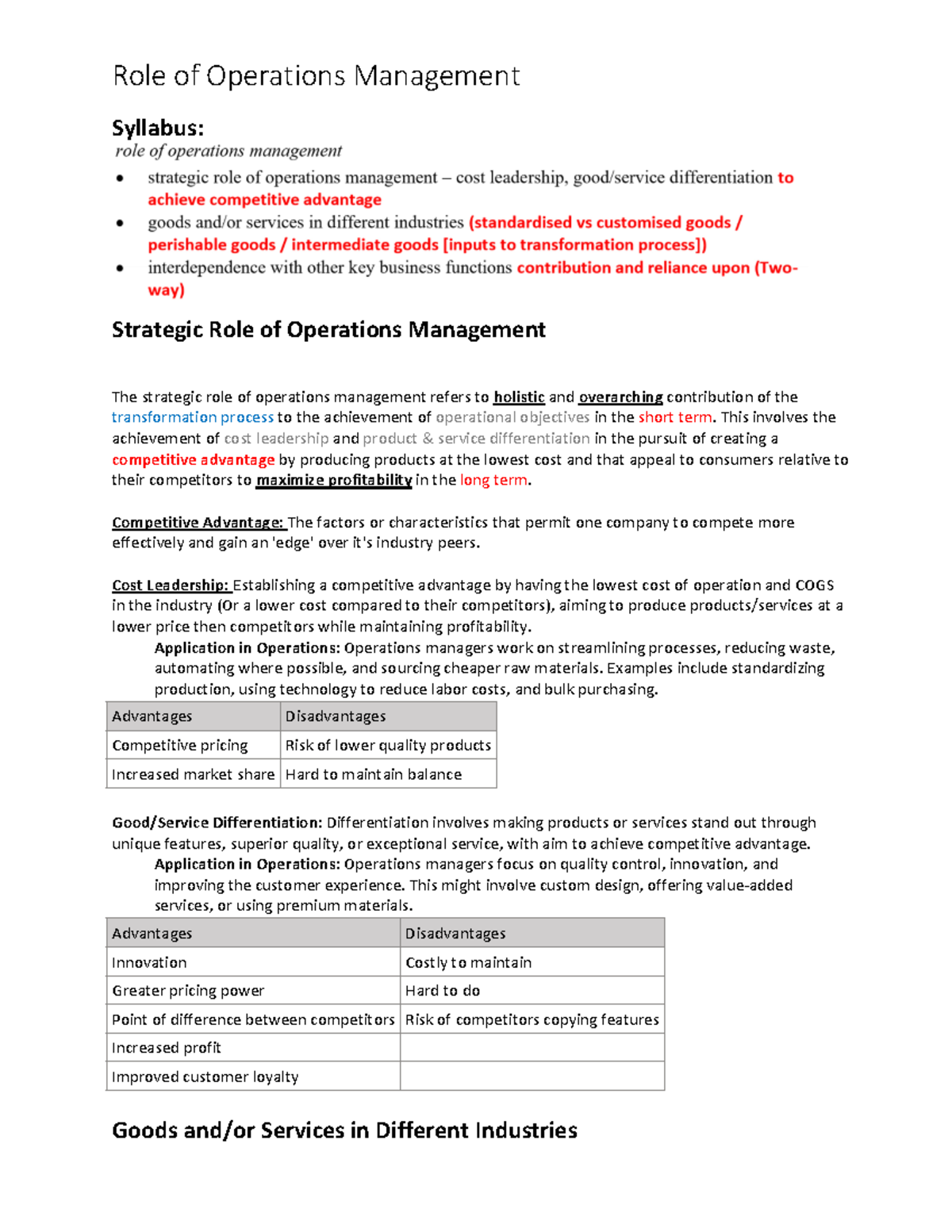 Role Of Operations Syllabus Notes - Syllabus: Strategic Role of ...
