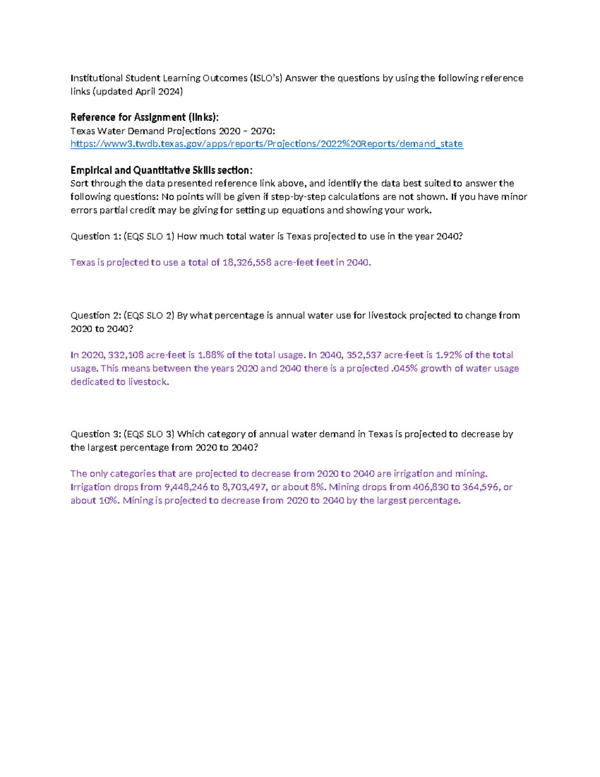 Econ ISLO EQS B 2024-2025 - Water Demand Projections Assignment ...