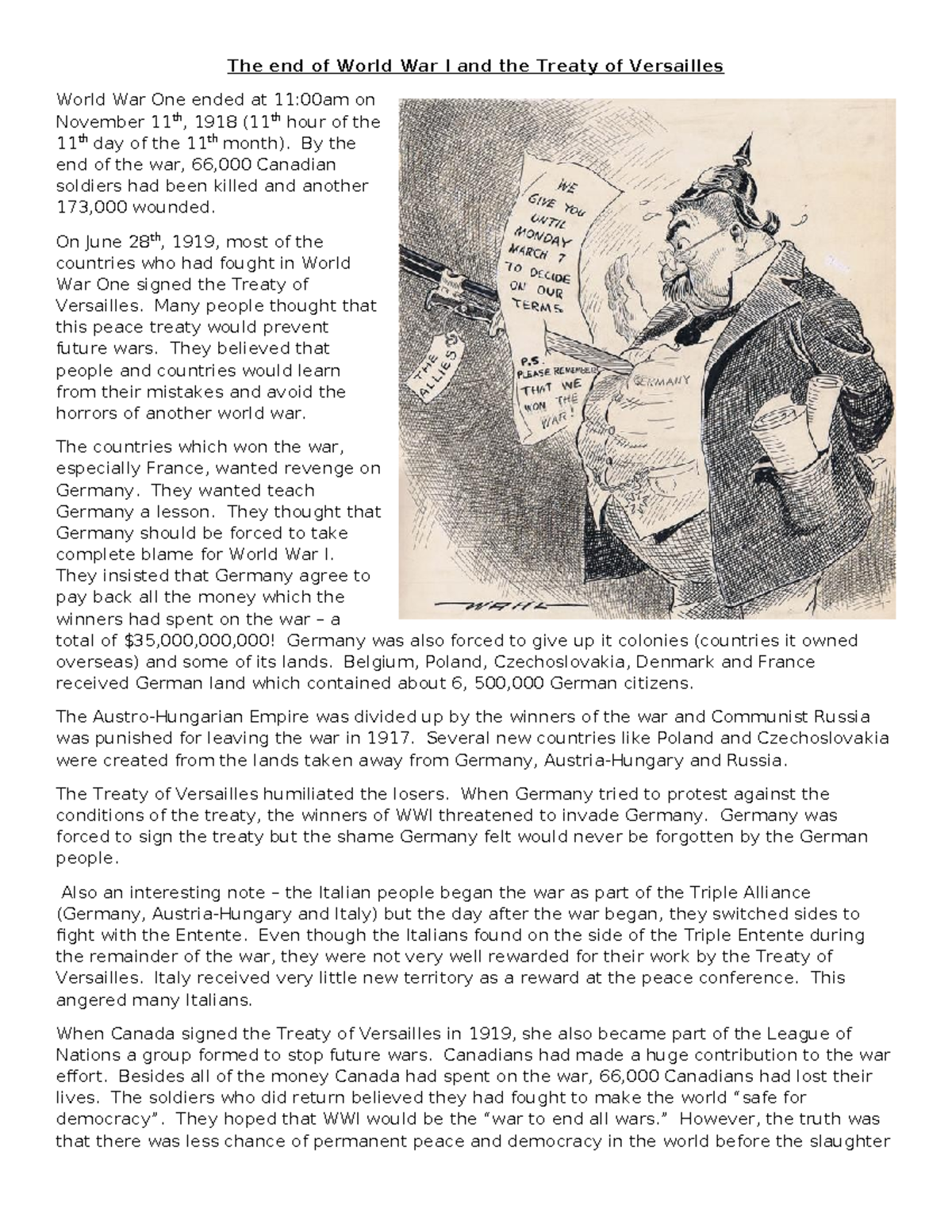 Treaty of Versailles HW - The end of World War I and the Treaty of ...