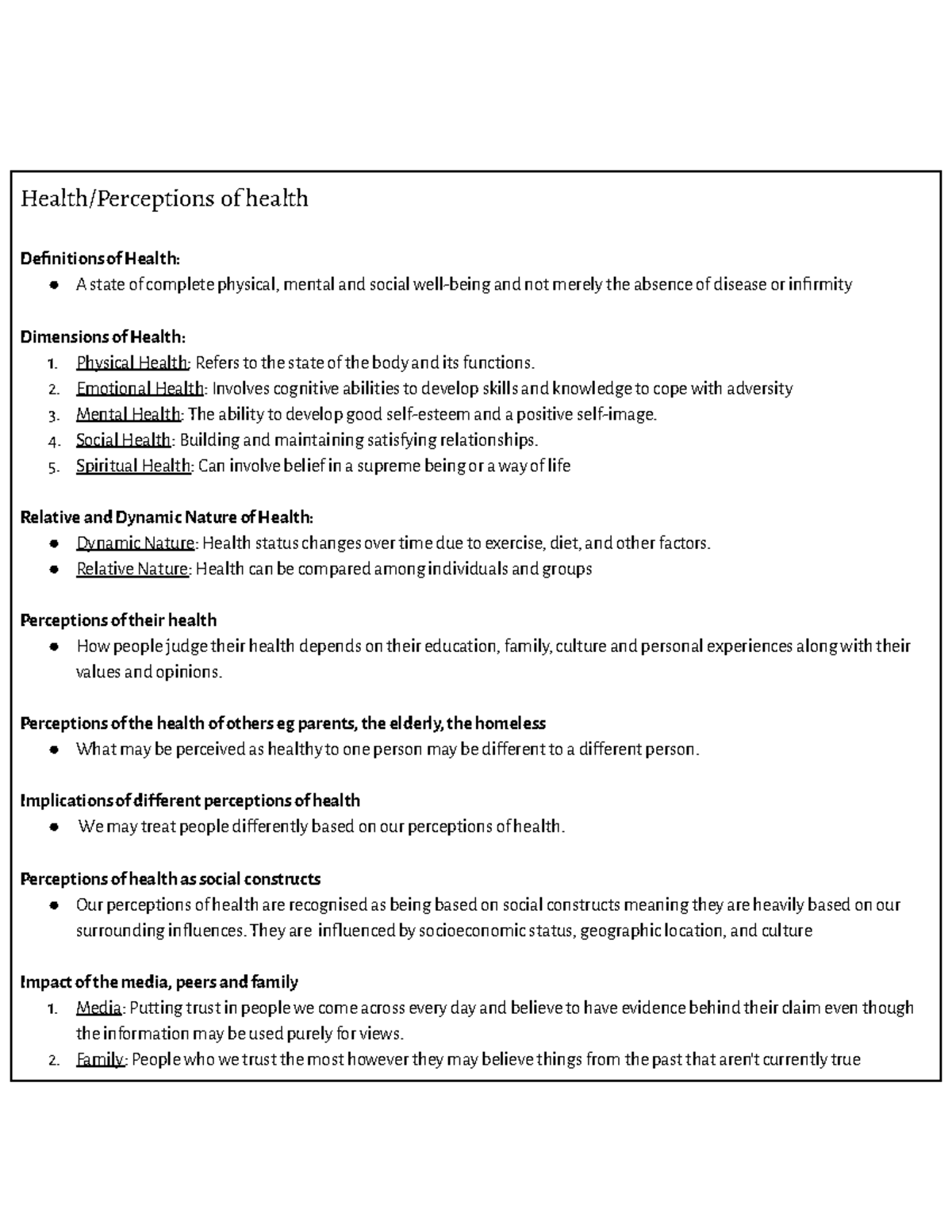 PE Prelims - Prelim notes - Health/Perceptions of health Definitions of ...