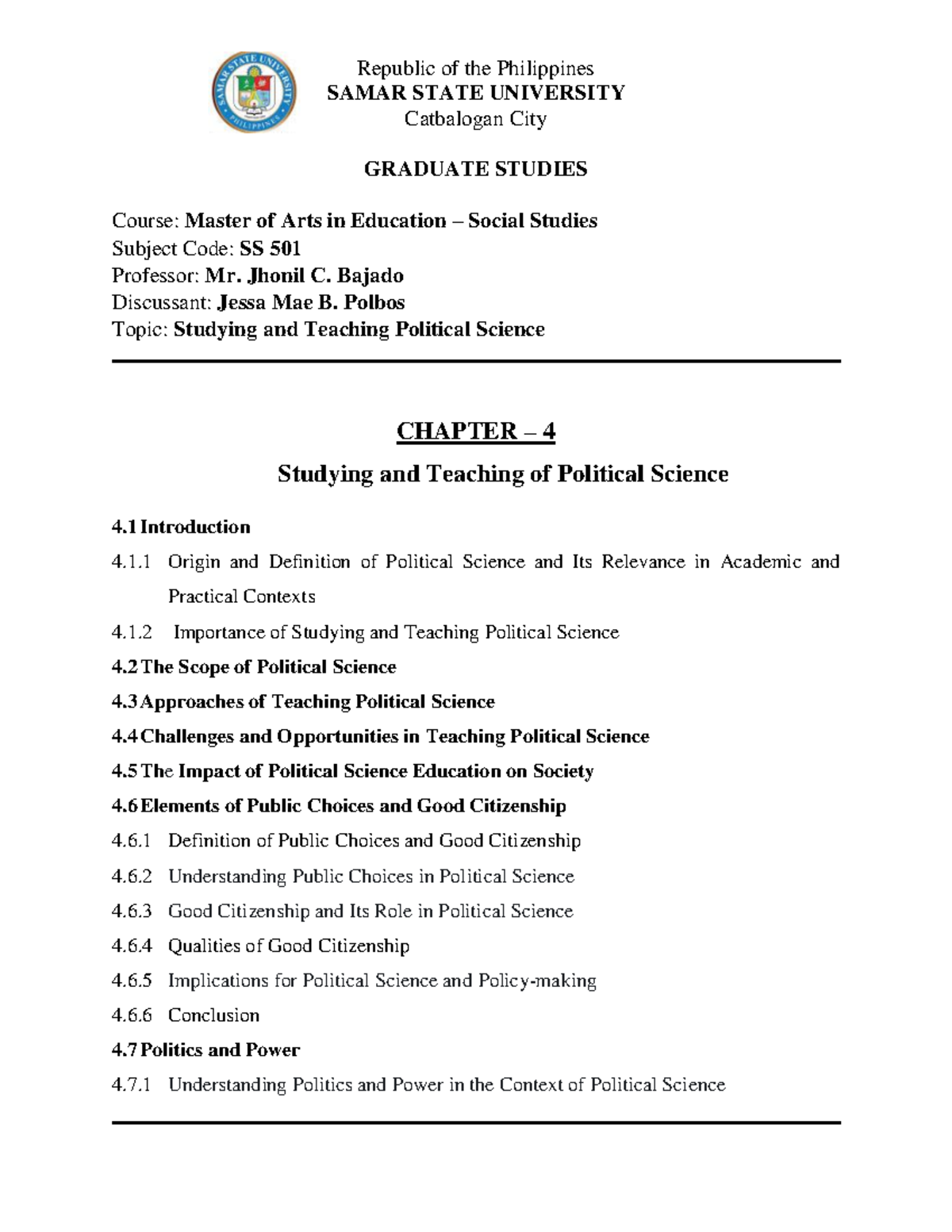 Studying AND Teaching POL SCI Polbos Lecture Notes V - Republic of the ...