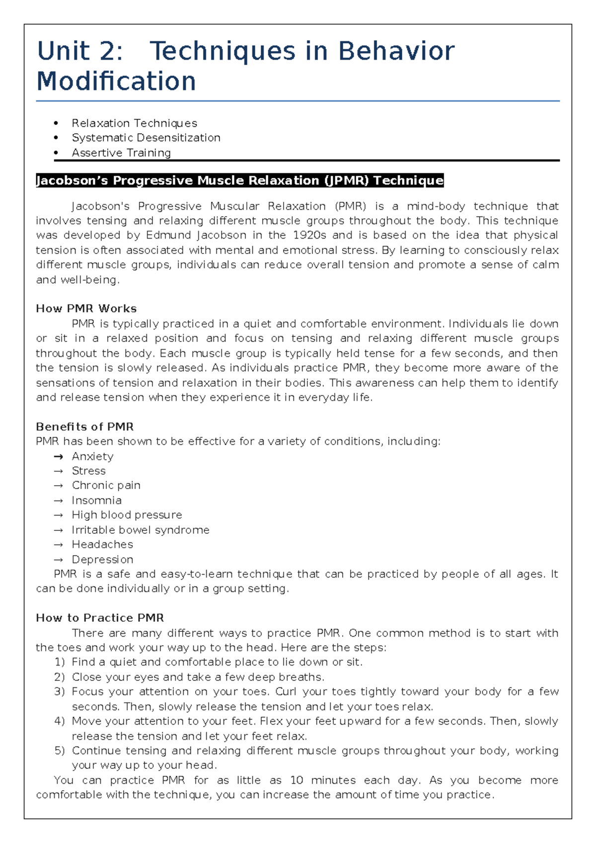 concepts in Behavior modification - Unit 2: Techniques in Behavior Modification Relaxation - Studocu